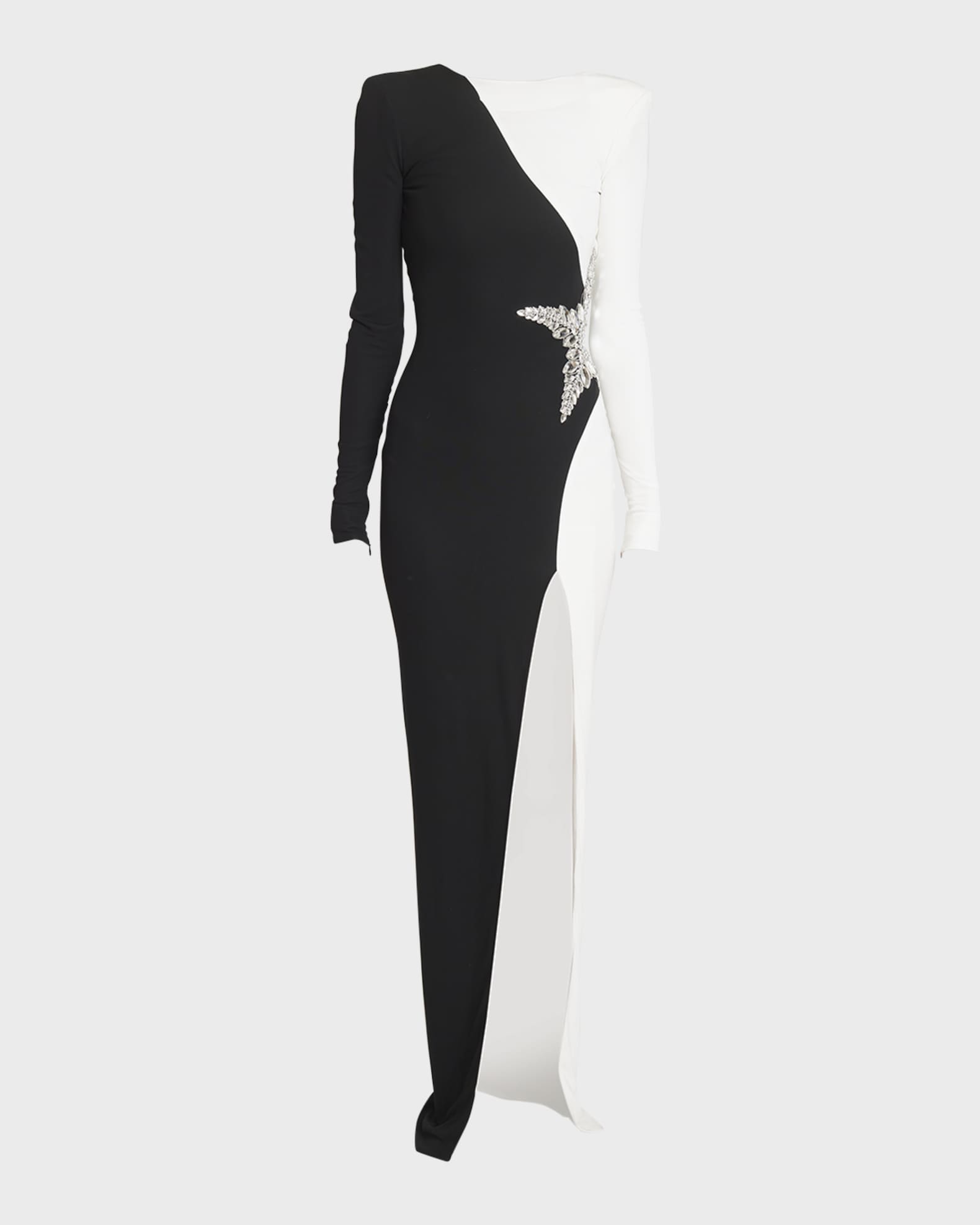 Balmain Colorblock Crystal-Star Long-Sleeve Backless Gown | Neiman Marcus