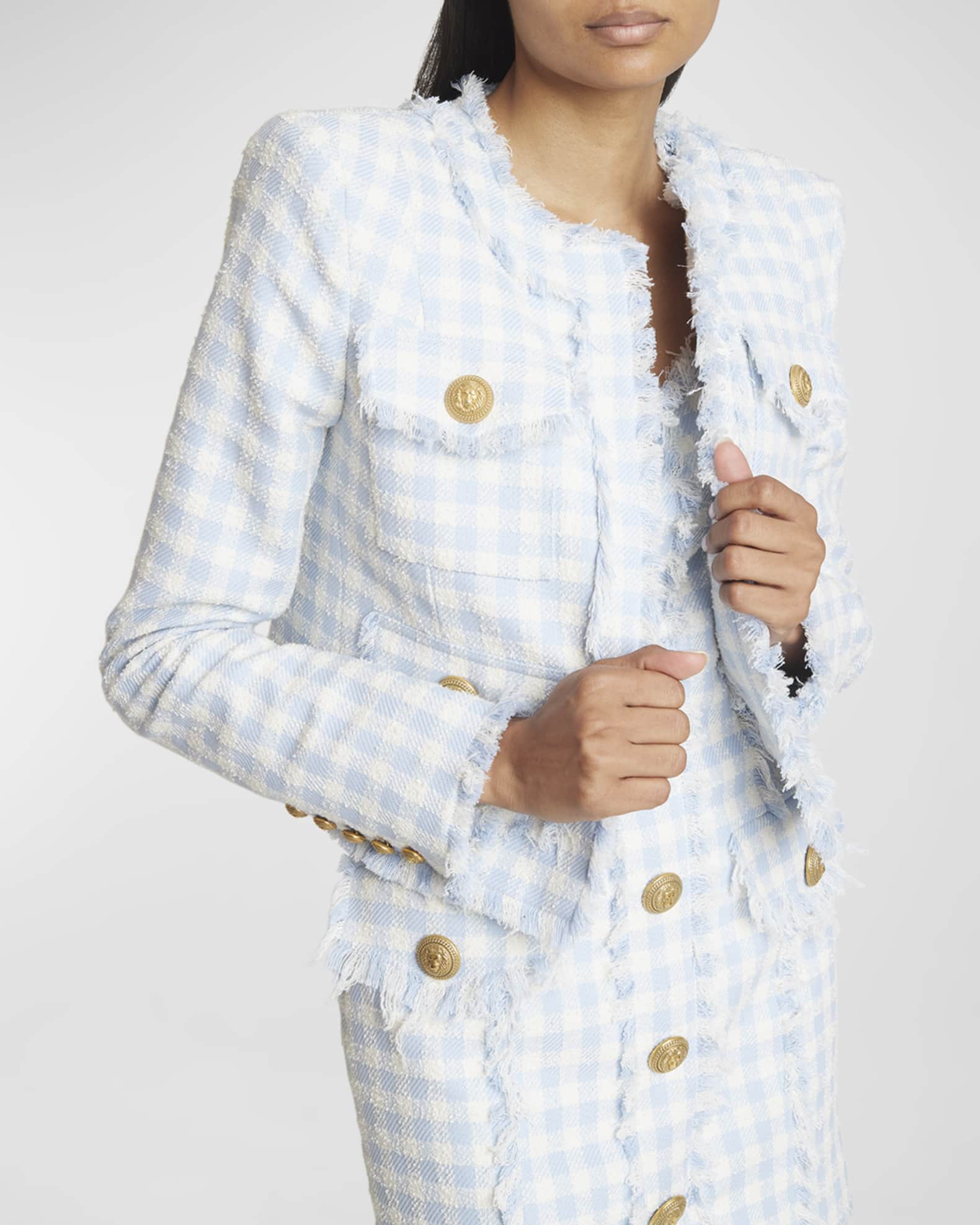 Balmain Plaid Tweed Fringe-Trim Jacket | Neiman Marcus