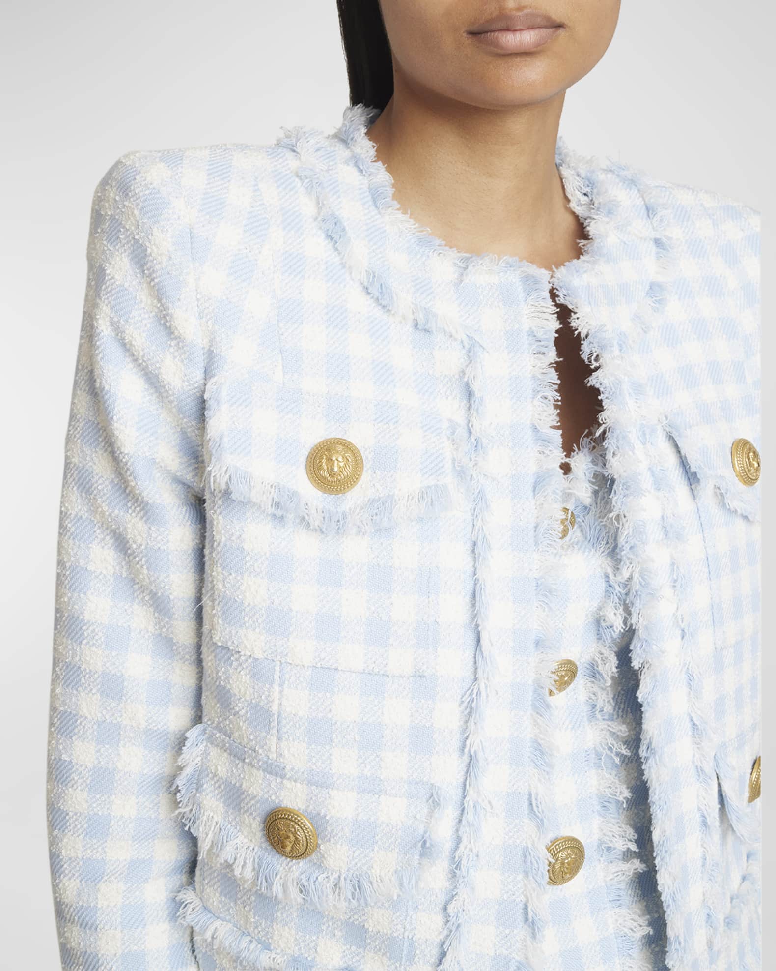 Balmain Plaid Tweed Fringe-Trim Jacket | Neiman Marcus