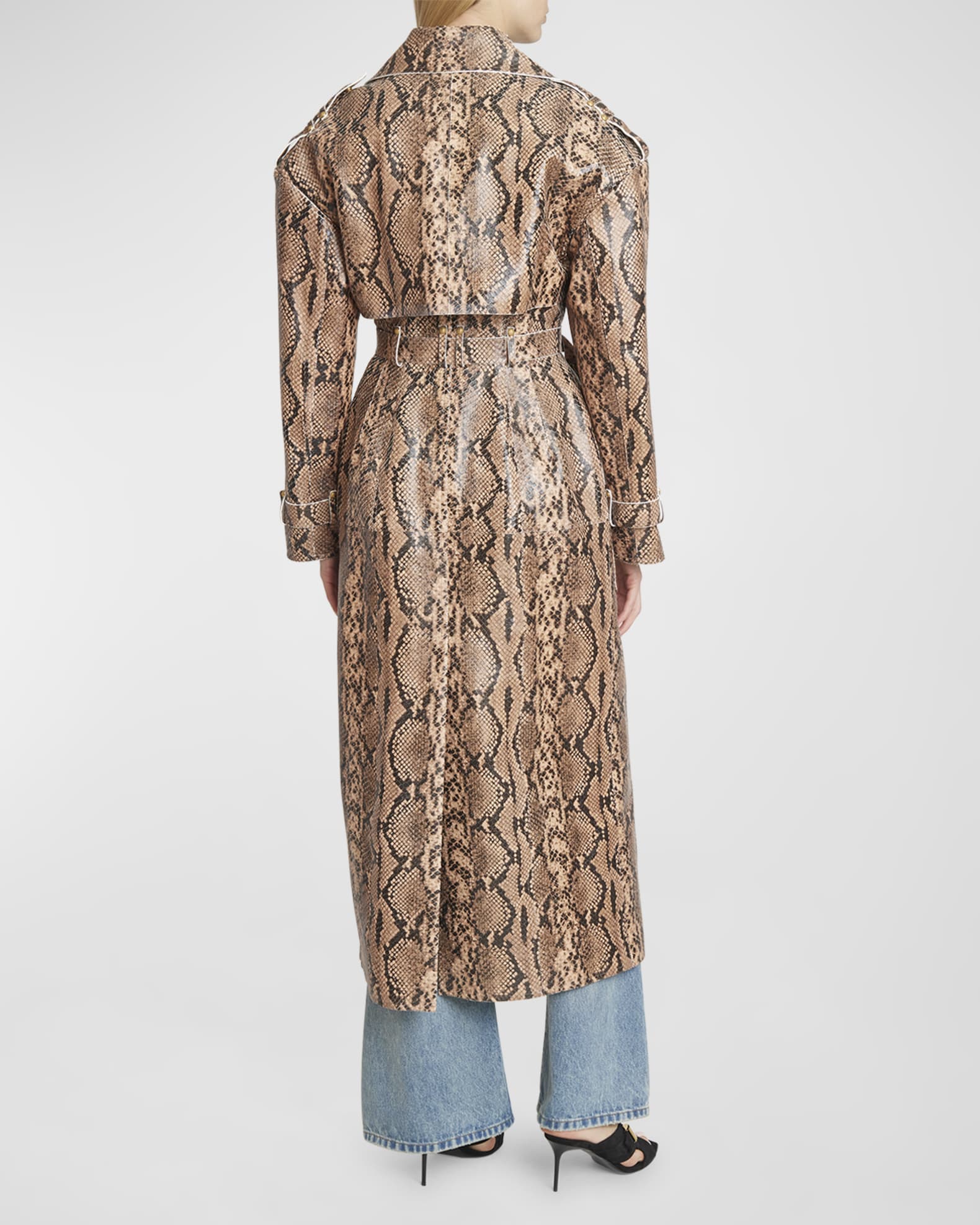 Balmain Snakeskin-Print Leather Long Trench Coat | Neiman Marcus