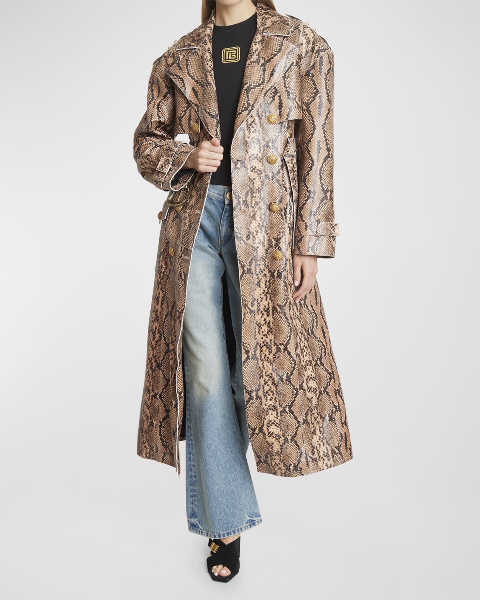 Balmain Snakeskin-Print Leather Long Trench Coat | Neiman Marcus
