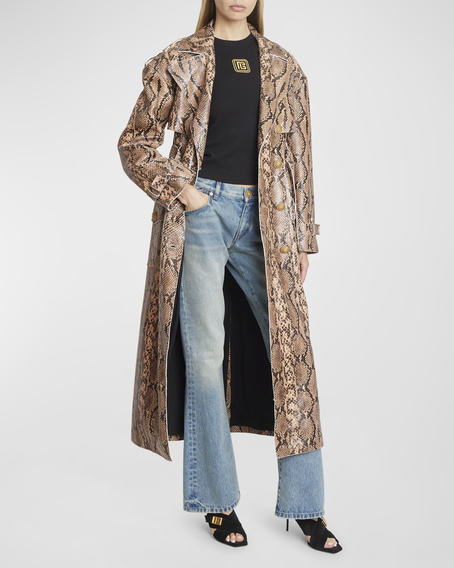 Balmain Snakeskin-Print Leather Long Trench Coat | Neiman Marcus