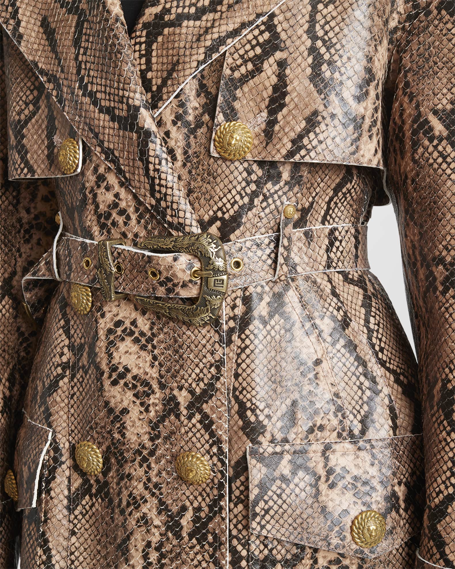 Balmain Snakeskin-Print Leather Long Trench Coat | Neiman Marcus