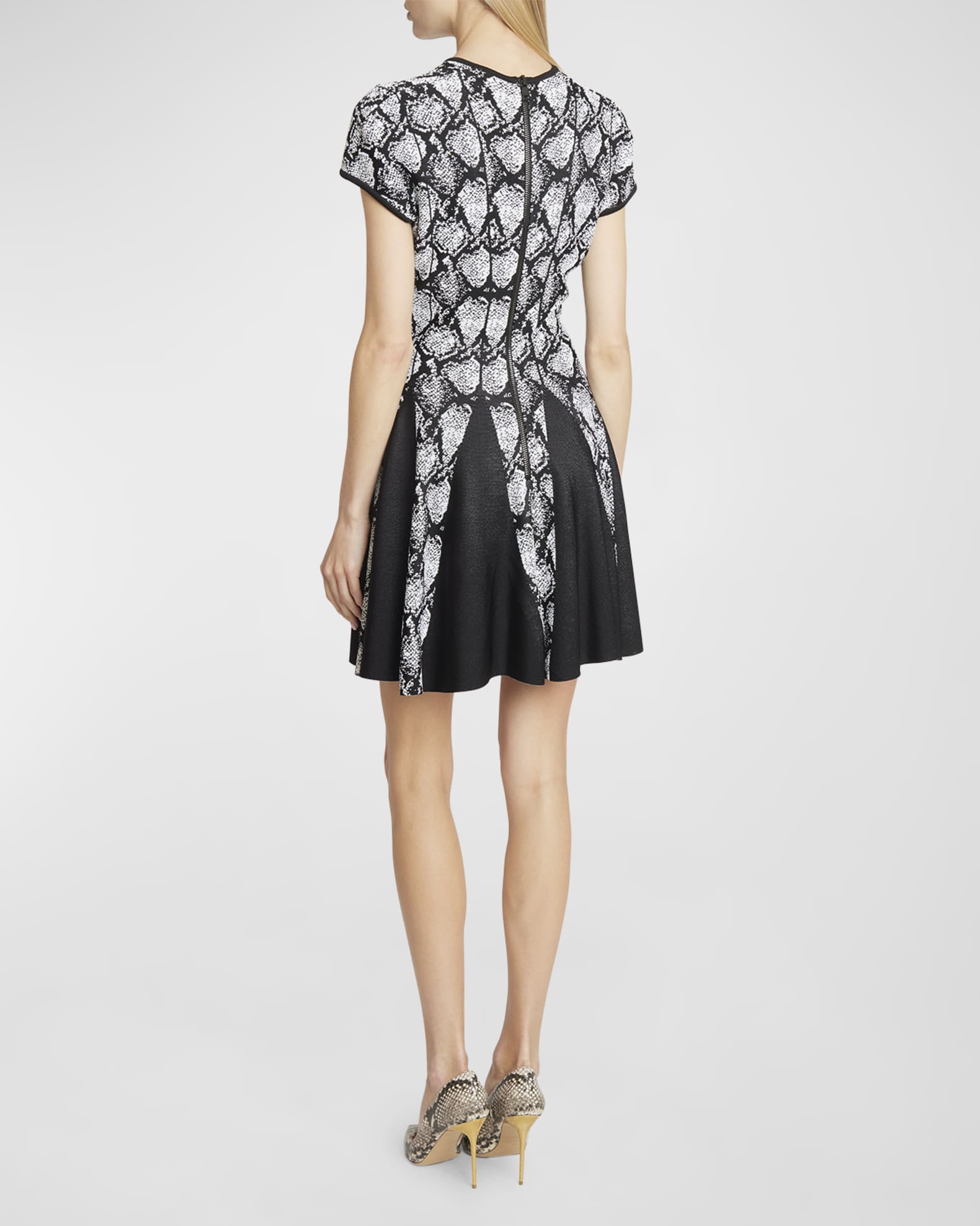 Balmain Short-Sleeve Python Jacquard-Knit Skater Dress | Neiman Marcus