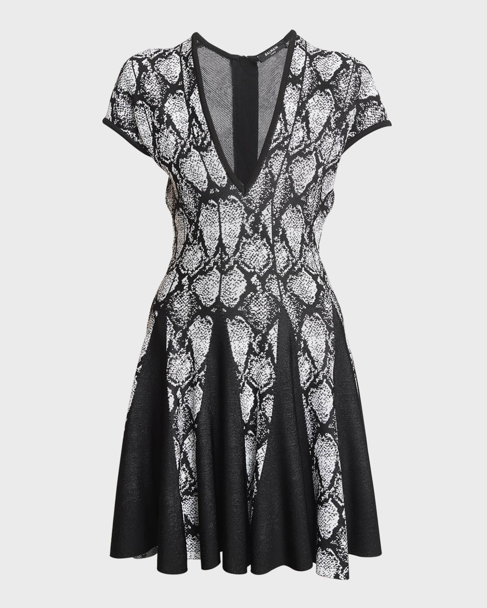 Balmain Short-Sleeve Python Jacquard-Knit Skater Dress | Neiman Marcus