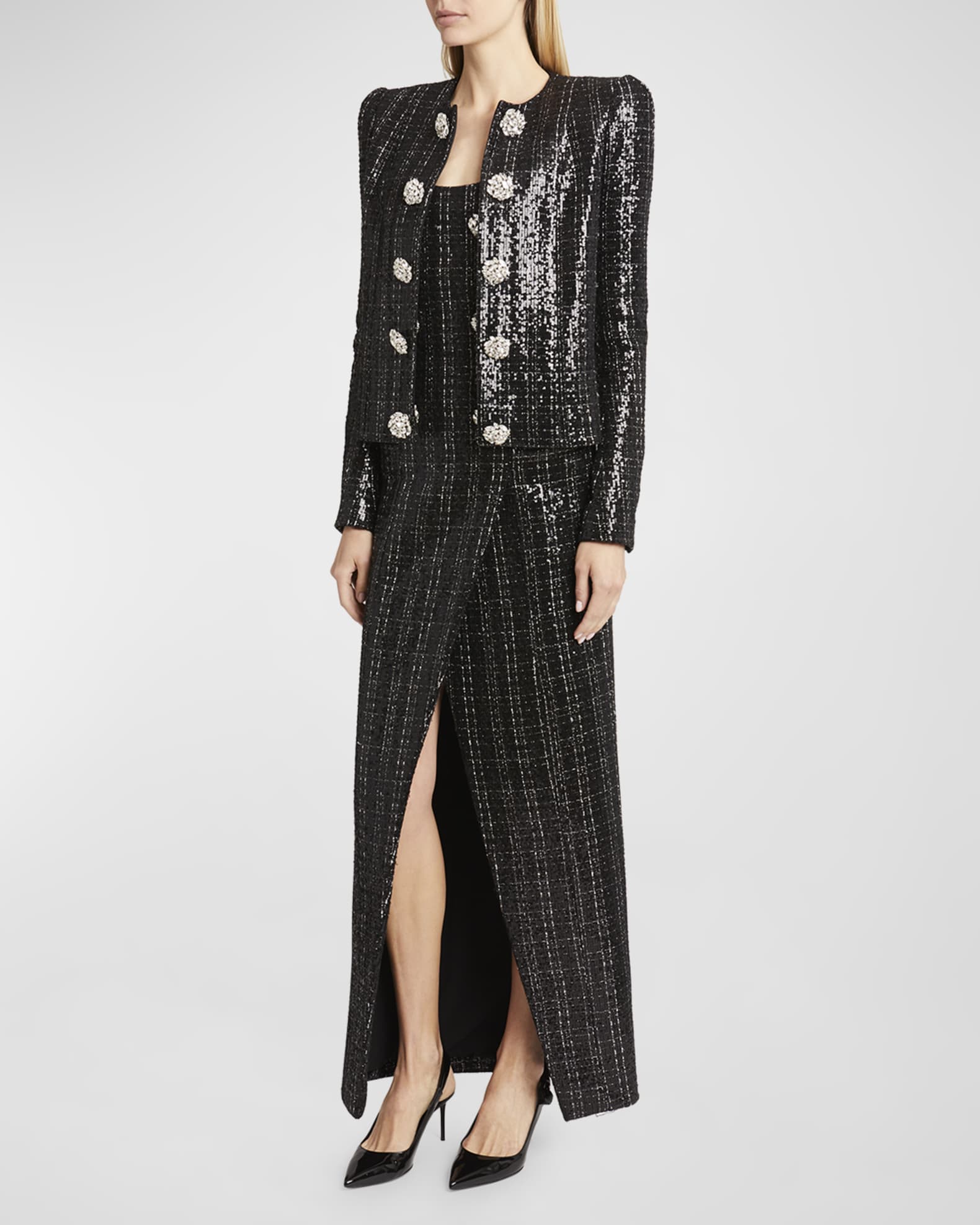 Balmain Collarless Sequined Tweed Jacket with Jewel Buttons | Neiman Marcus