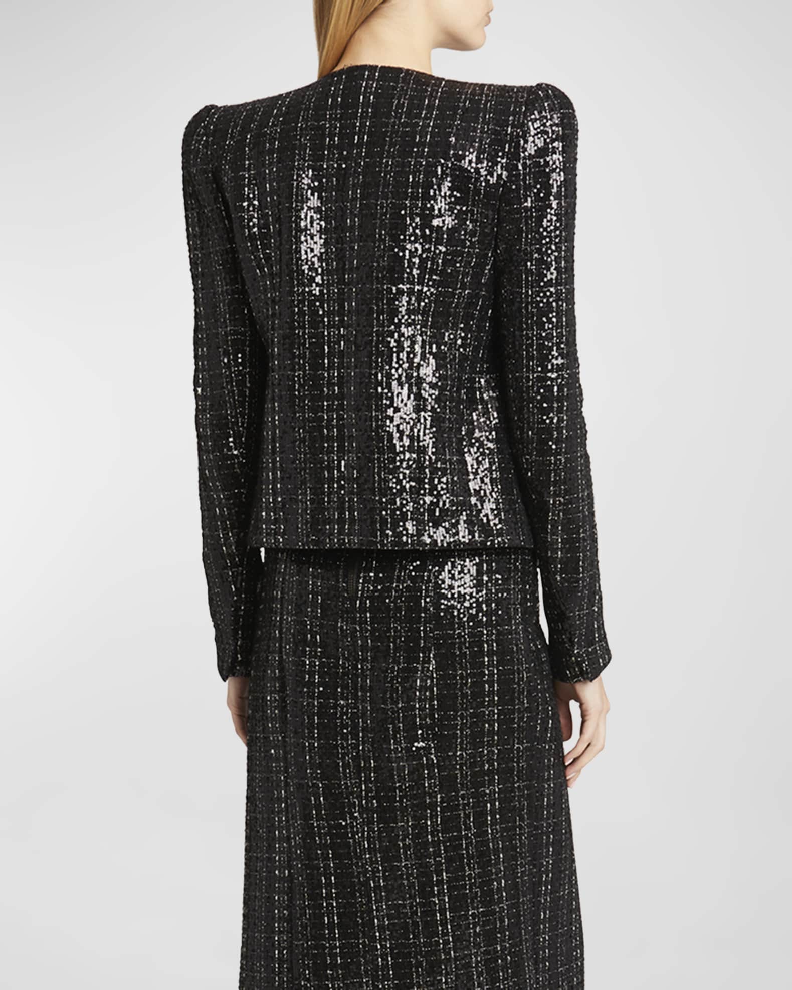 Balmain Collarless Sequined Tweed Jacket with Jewel Buttons | Neiman Marcus