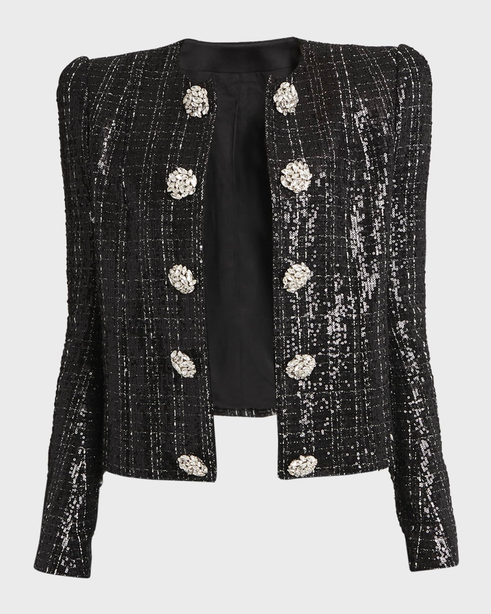 Balmain Collarless Sequined Tweed Jacket with Jewel Buttons | Neiman Marcus