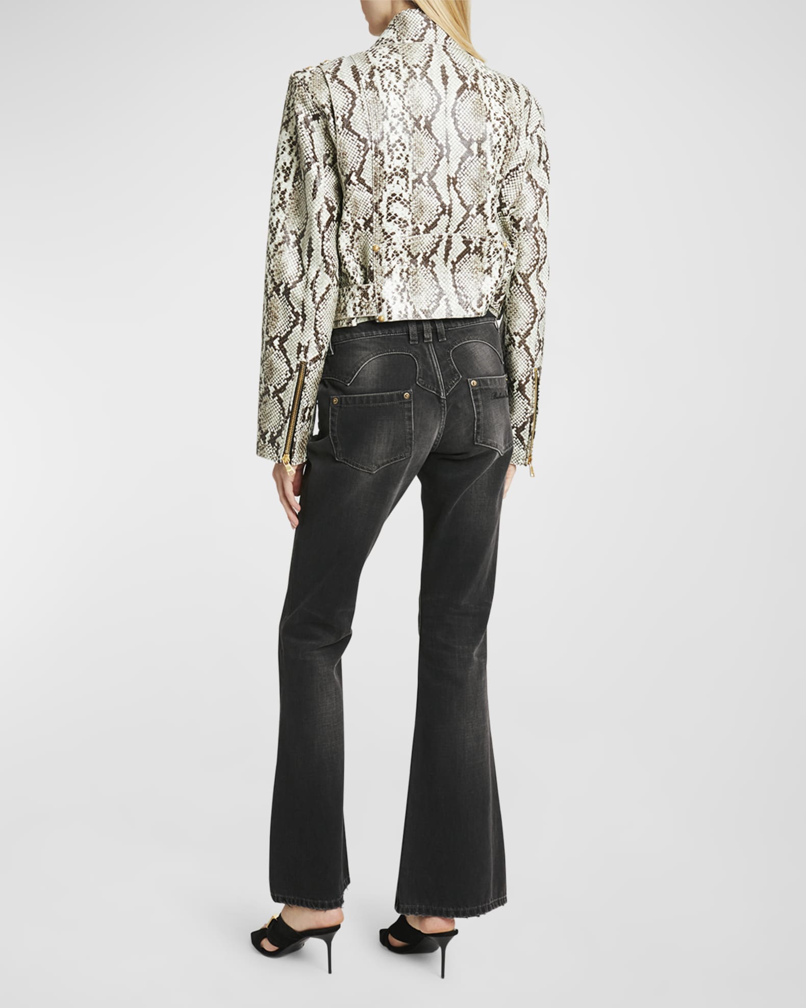 Balmain Cropped Python-Printed Leather Biker Jacket | Neiman Marcus