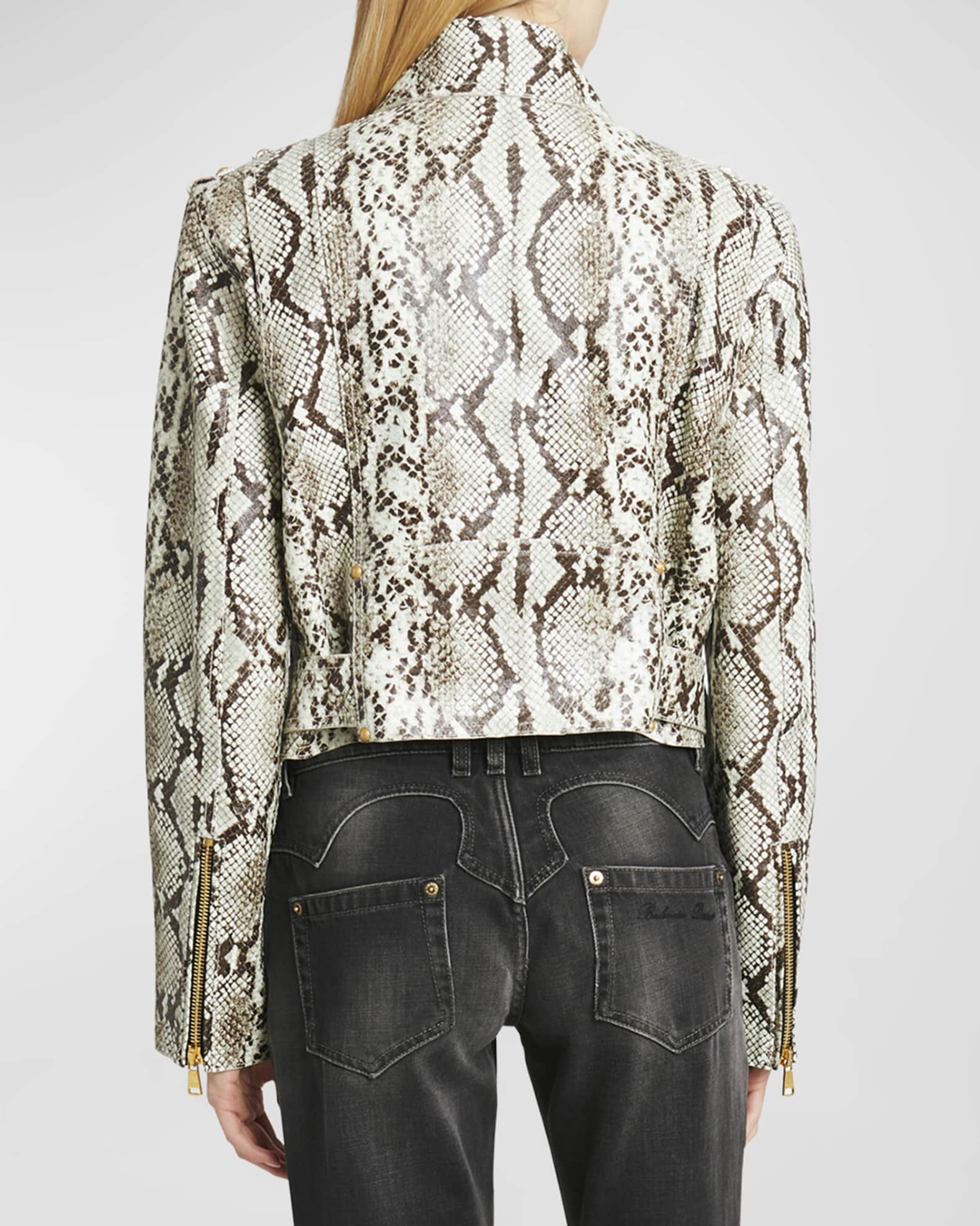 Balmain Cropped Python-Printed Leather Biker Jacket | Neiman Marcus