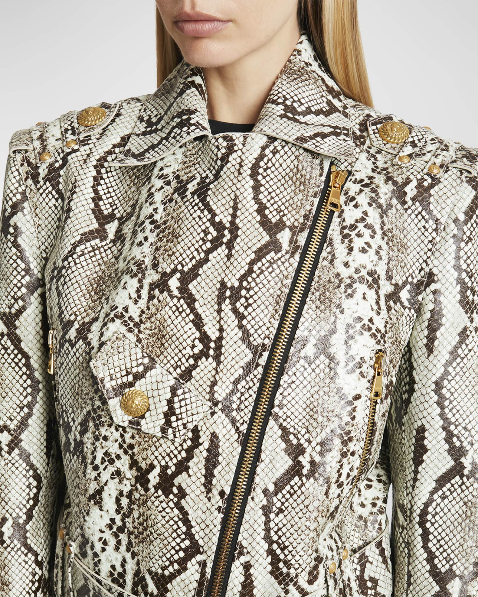 Balmain Cropped Python-Printed Leather Biker Jacket | Neiman Marcus