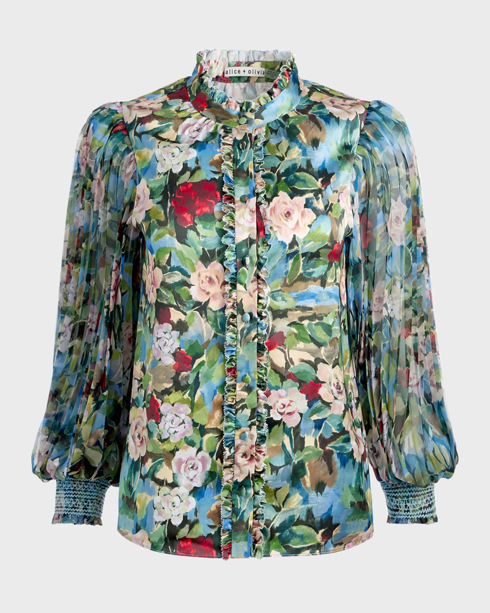 Alice + Olivia Ilan Smocked-Sleeve Button-Front Blouse | Neiman Marcus