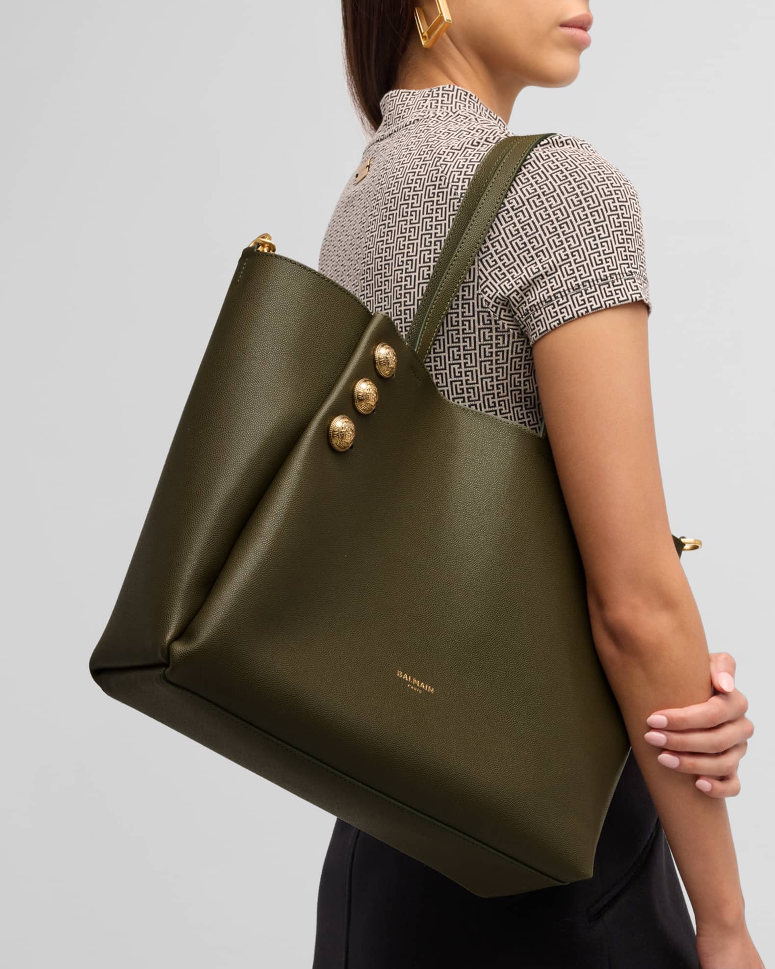 Balmain Embleme Shopper Tote Bag in Grained Leather | Neiman Marcus