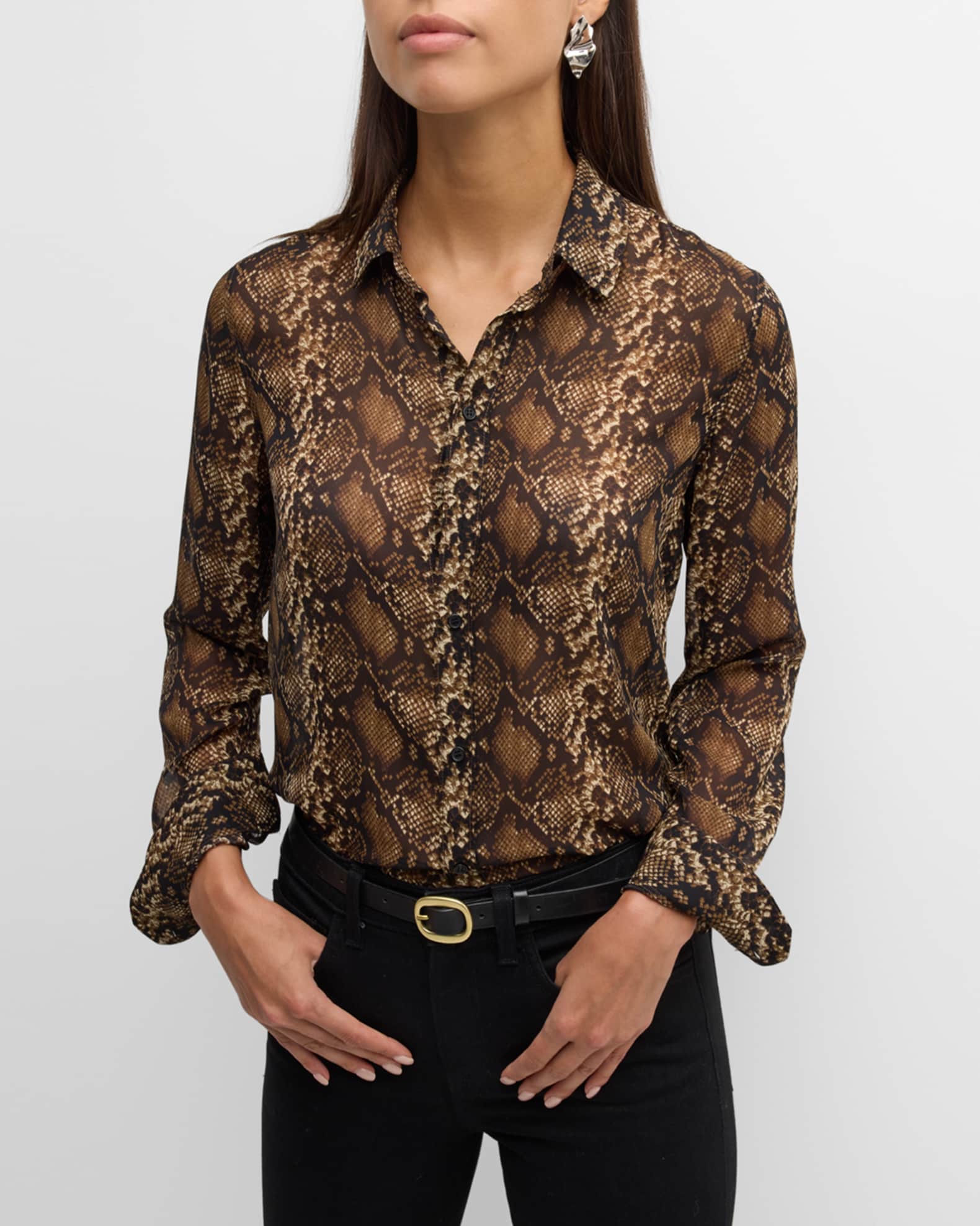 Nili Lotan Gaia Python-Print Long-Sleeve Silk Slim Shirt | Neiman Marcus