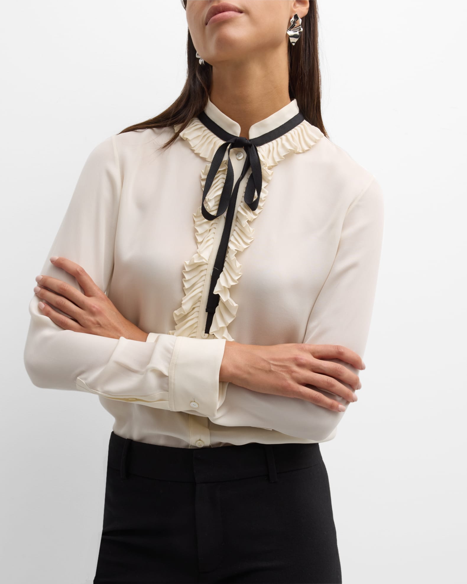Nili Lotan Bertille Ruffle Contrast-Tie Shirt | Neiman Marcus