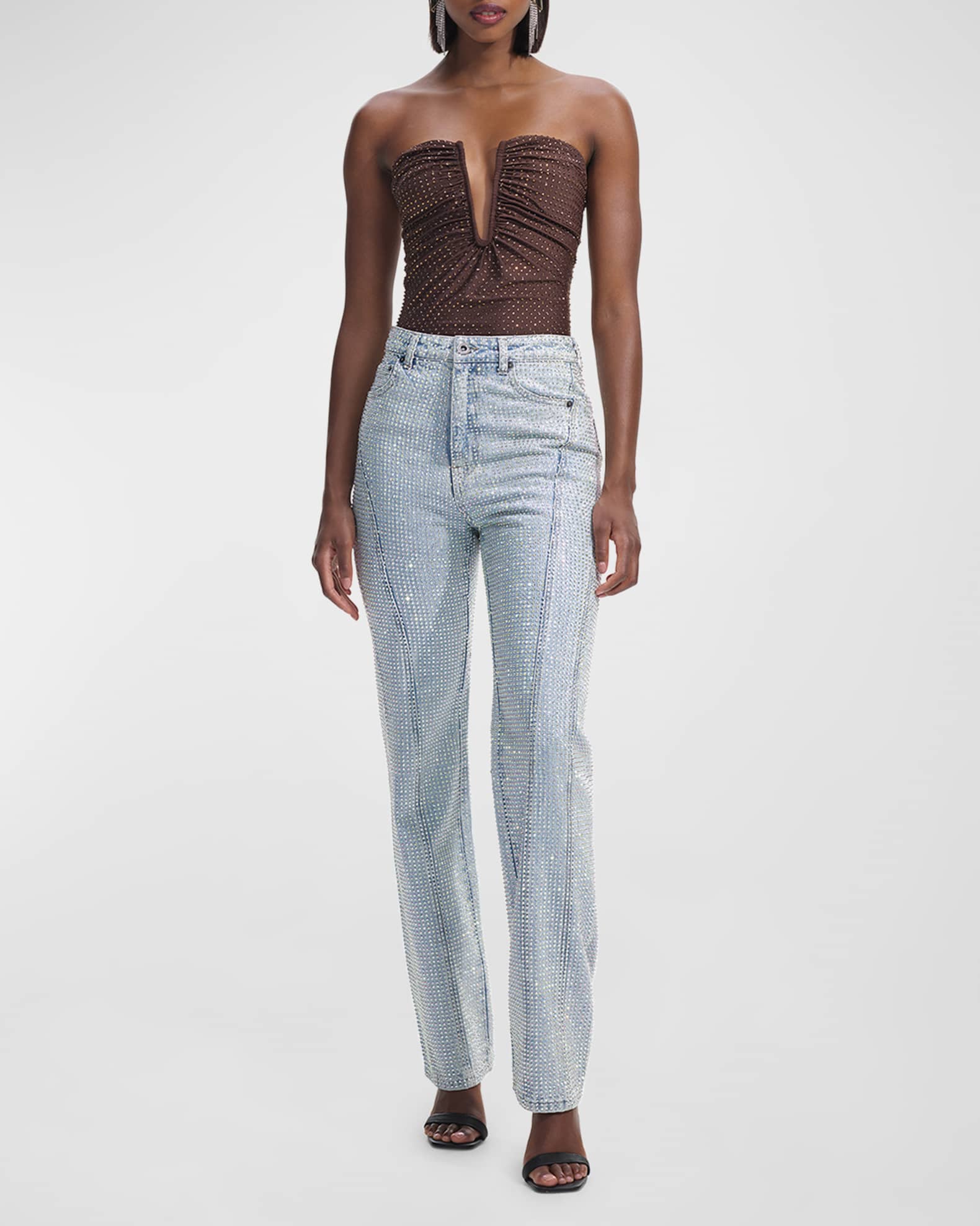 Self-Portrait Rhinestone-Embellished Straight-Leg Denim Jeans | Neiman ...