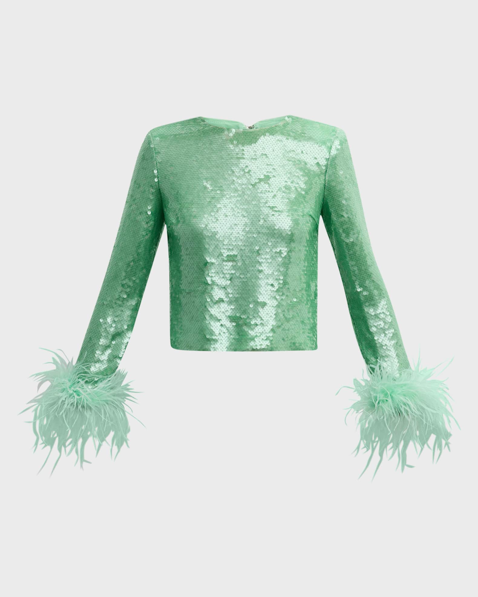Self-Portrait Sequin Long-Sleeve Feather-Cuff Top | Neiman Marcus