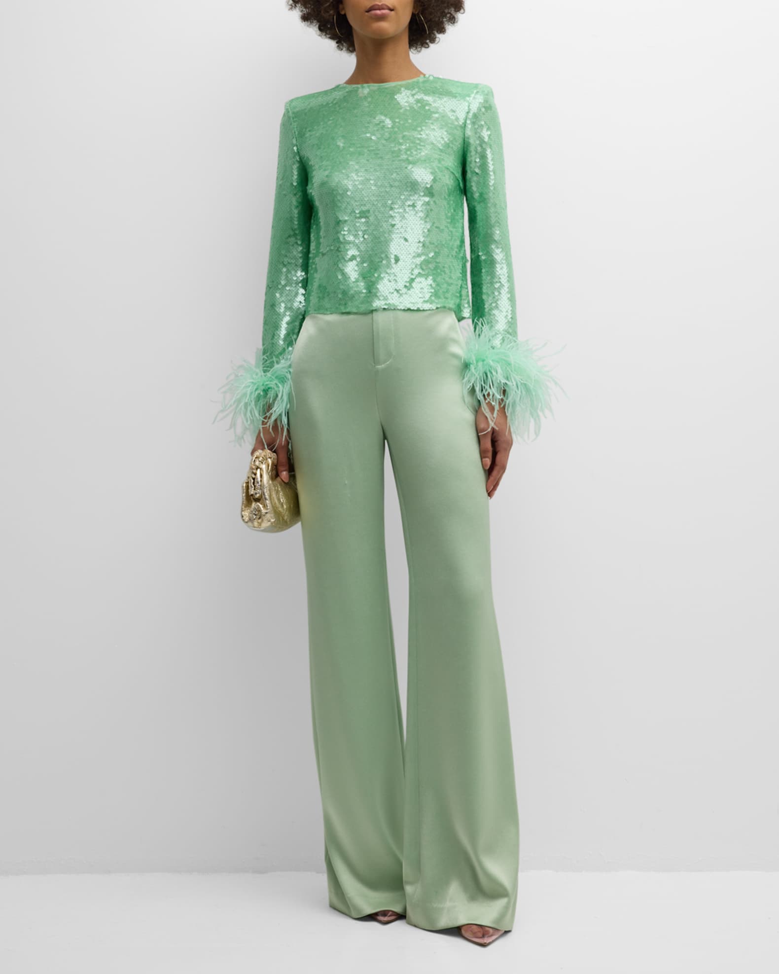 Self-Portrait Sequin Long-Sleeve Feather-Cuff Top | Neiman Marcus