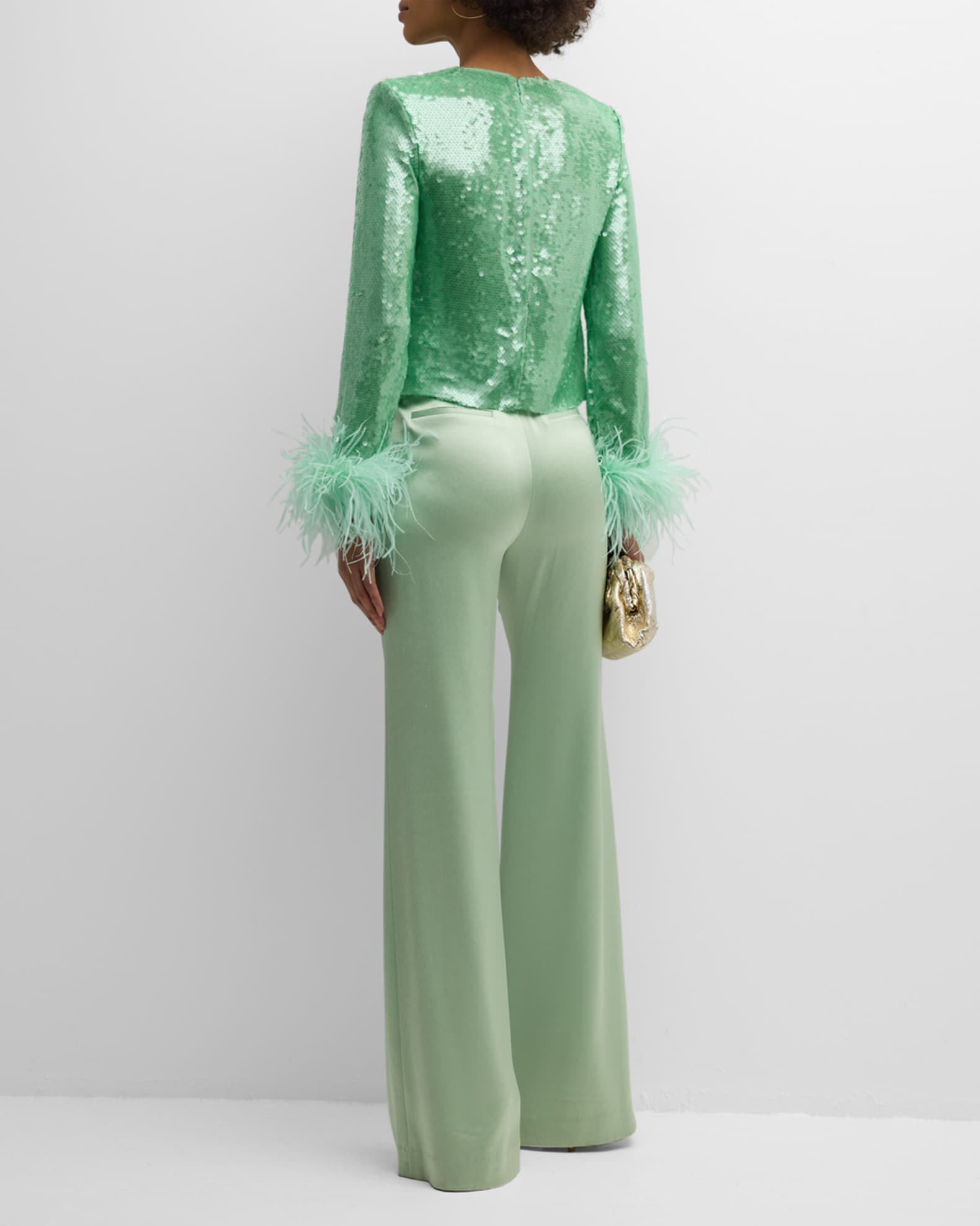 Self-Portrait Sequin Long-Sleeve Feather-Cuff Top | Neiman Marcus