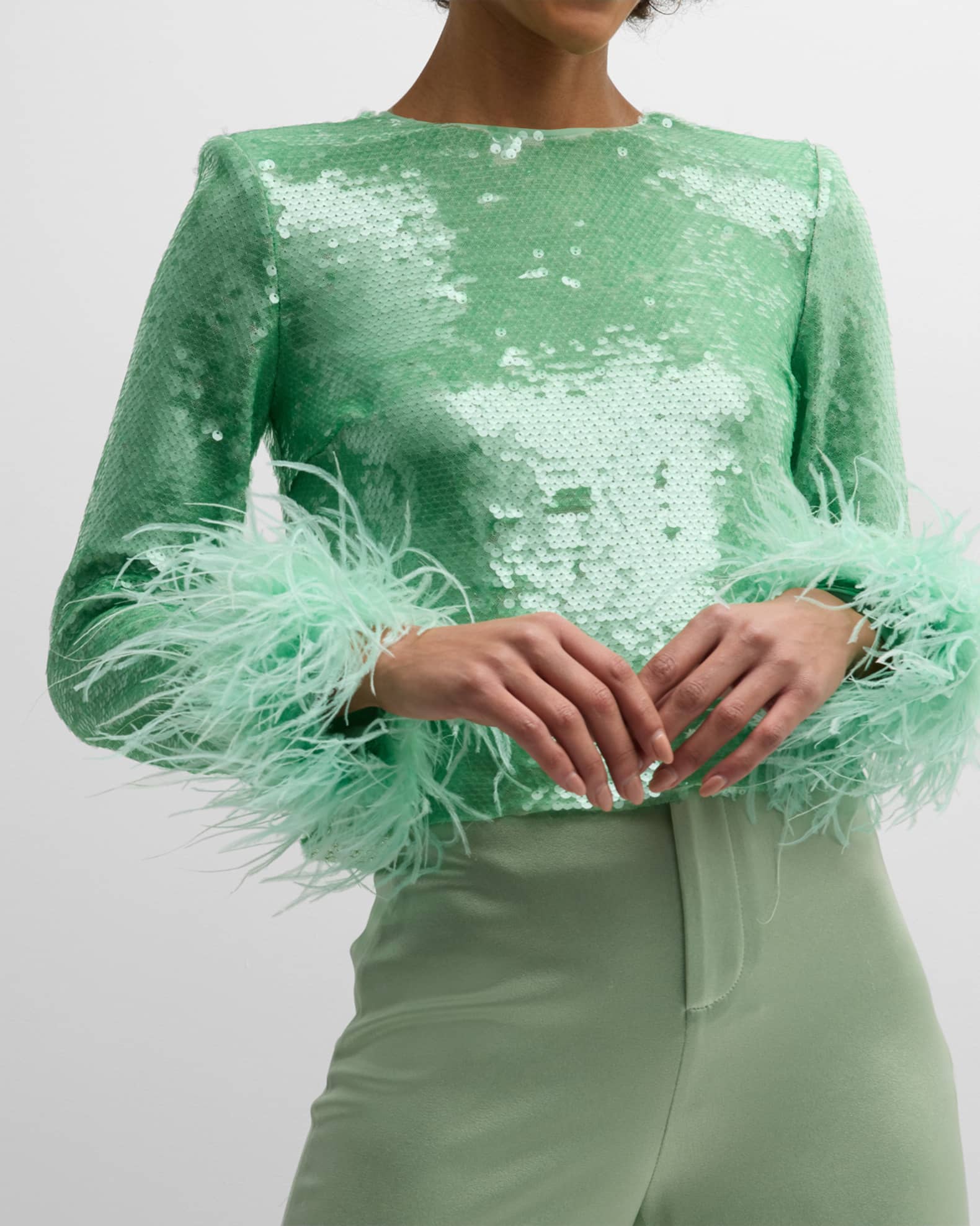 Self-Portrait Sequin Long-Sleeve Feather-Cuff Top | Neiman Marcus