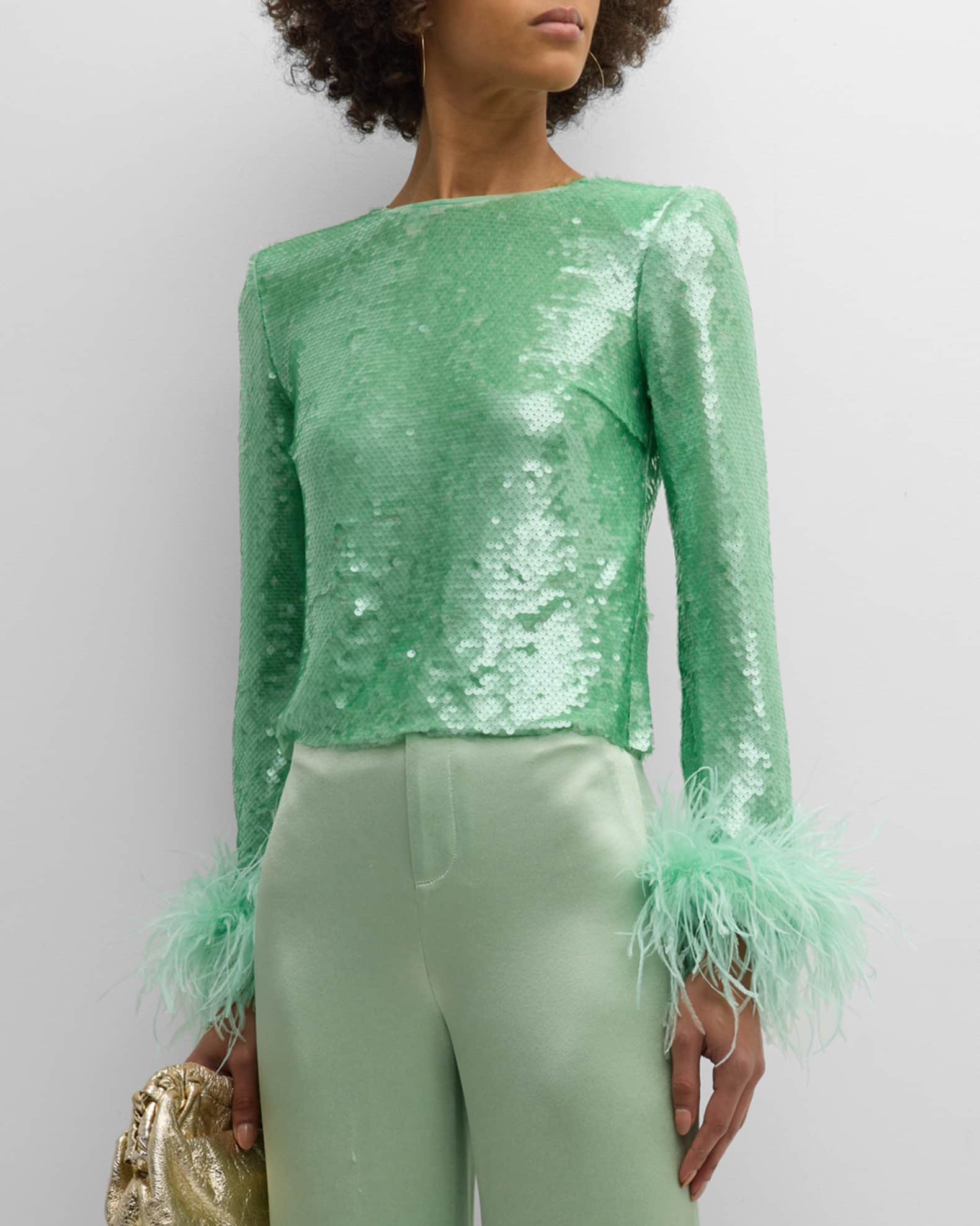 Self-Portrait Sequin Long-Sleeve Feather-Cuff Top | Neiman Marcus