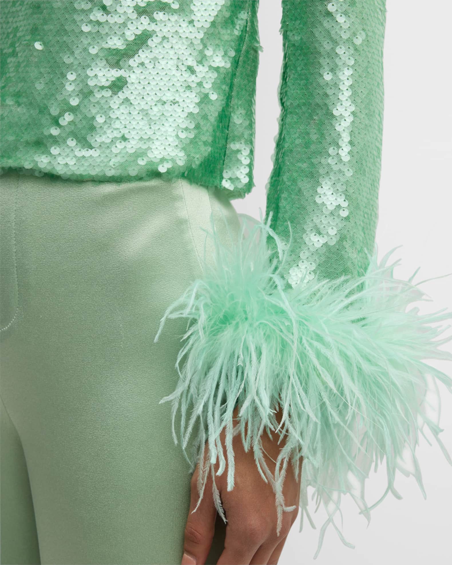 Self-Portrait Sequin Long-Sleeve Feather-Cuff Top | Neiman Marcus