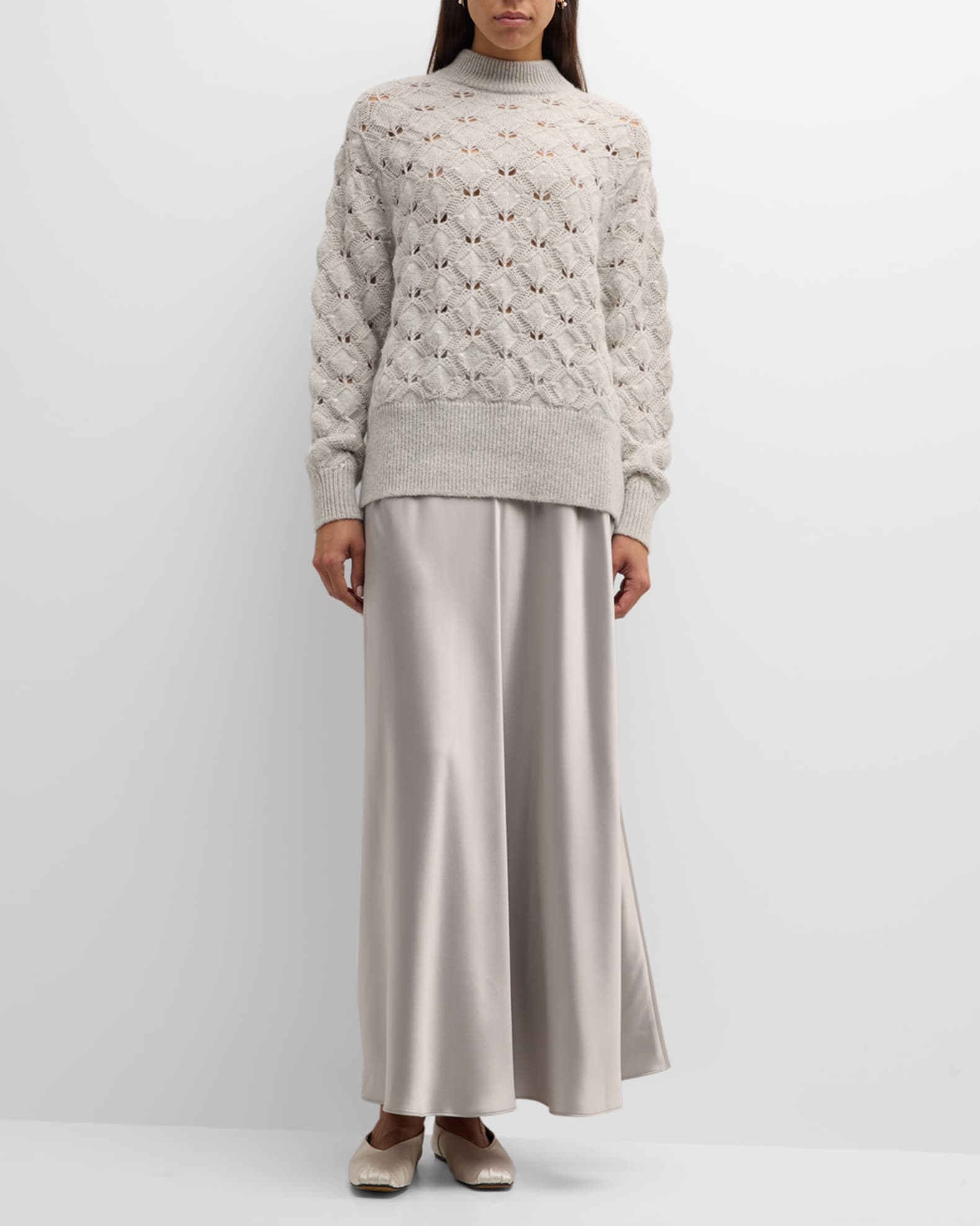 Lafayette 148 New York Mock-Neck Lace-Stitch Sweater | Neiman Marcus
