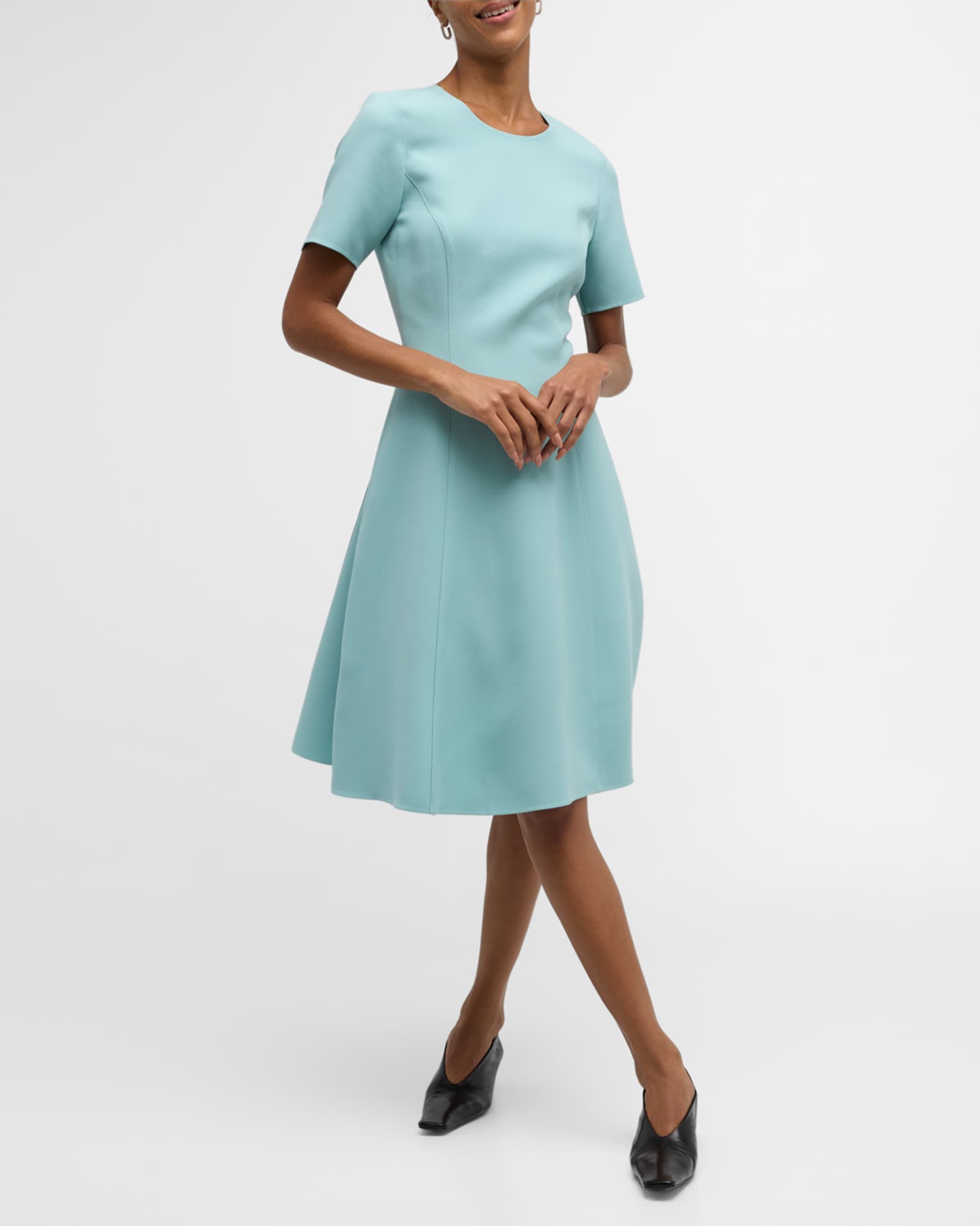 Lafayette 148 New York Short-Sleeve Fit-&-Flare Midi Dress | Neiman Marcus