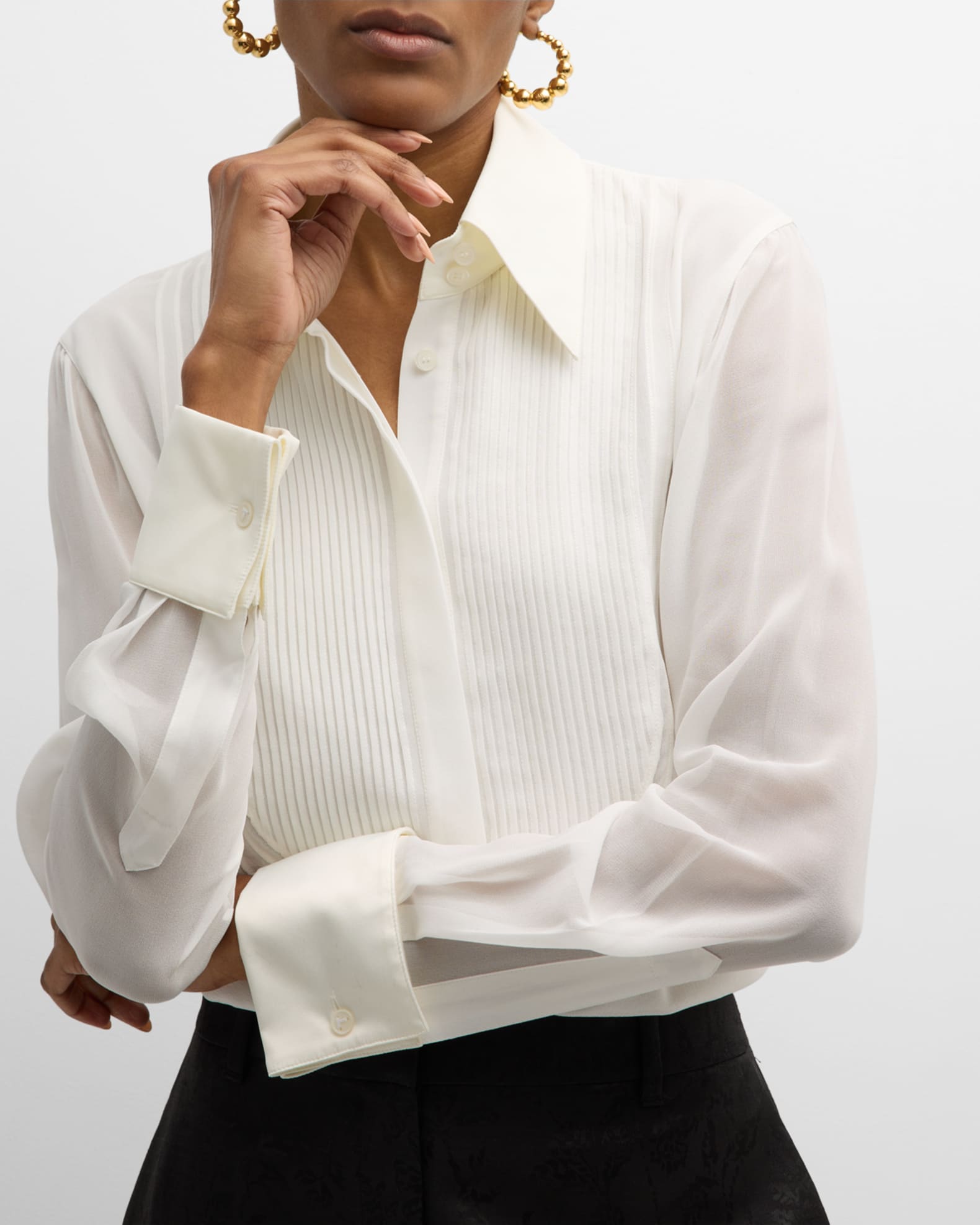 Lafayette 148 New York Pintuck Bib Button-Down Silk Blouse | Neiman Marcus