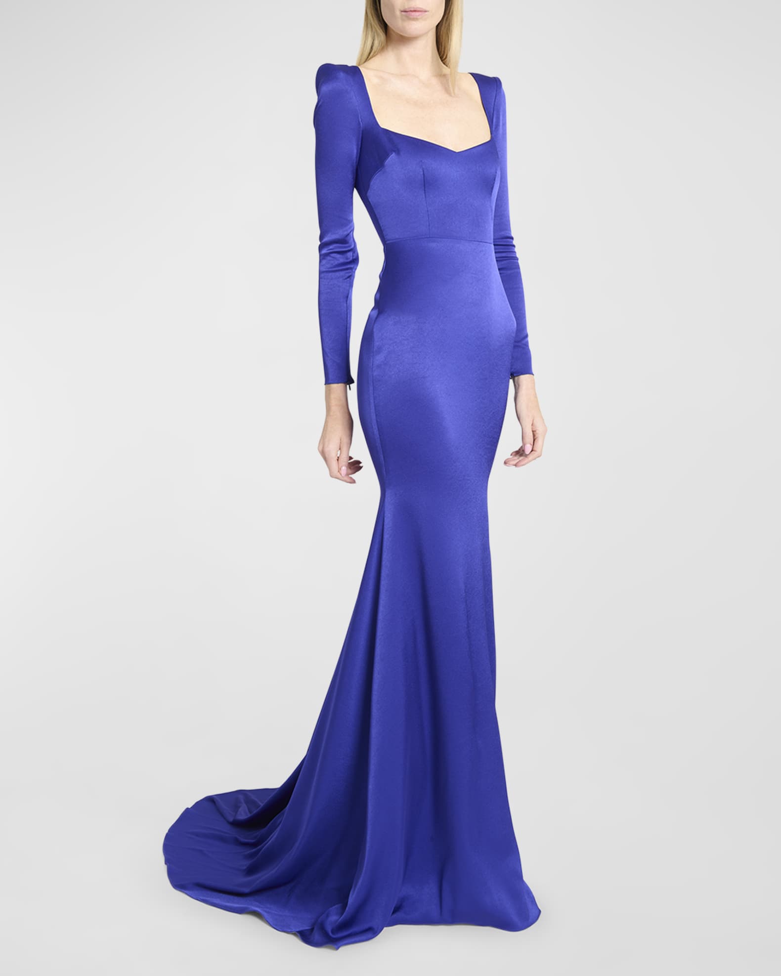 Alex Perry Satin Crepe Angled Portrait Long-Sleeve Gown | Neiman Marcus