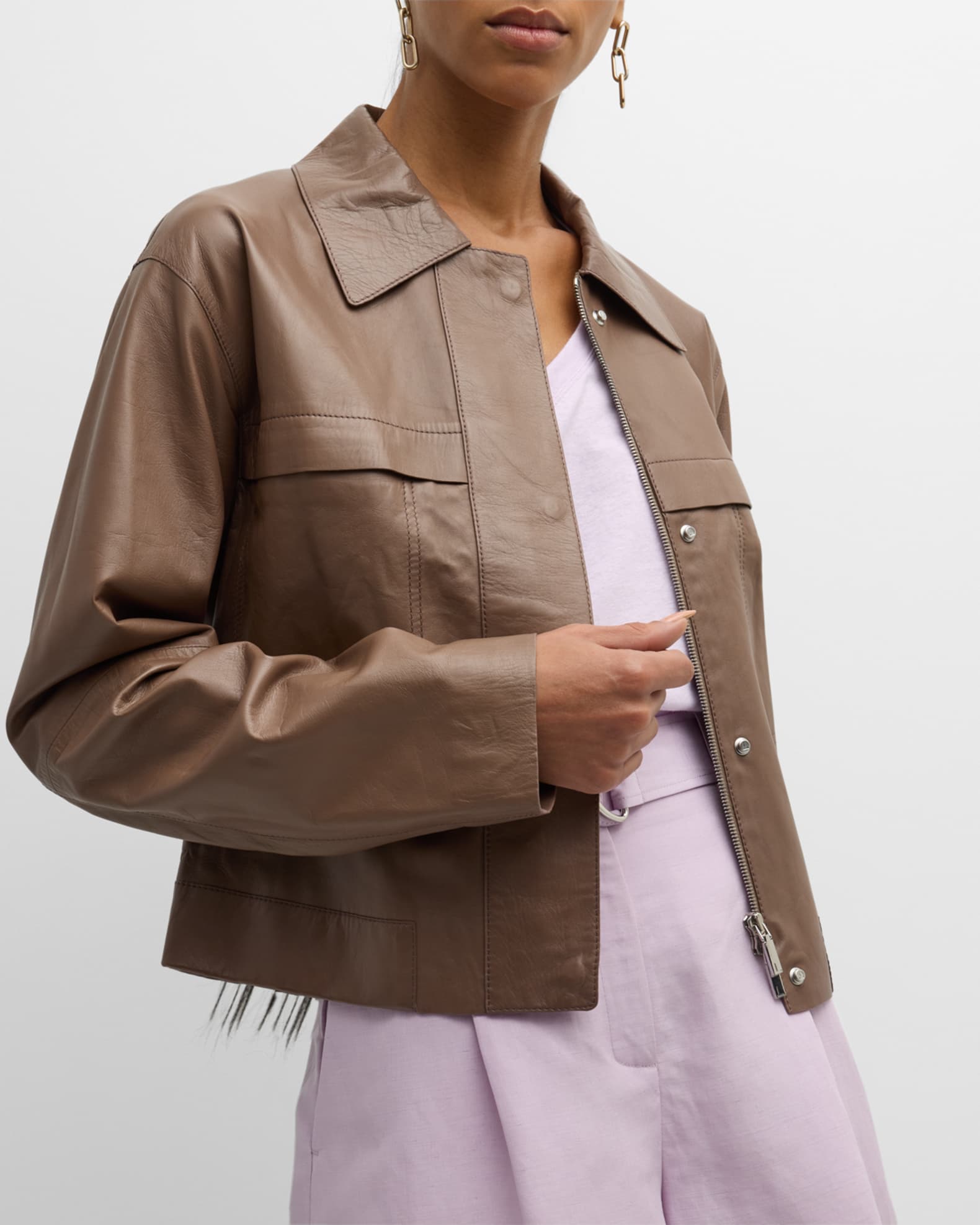 Lafayette 148 New York Zip-Front Leather Bomber Jacket | Neiman Marcus
