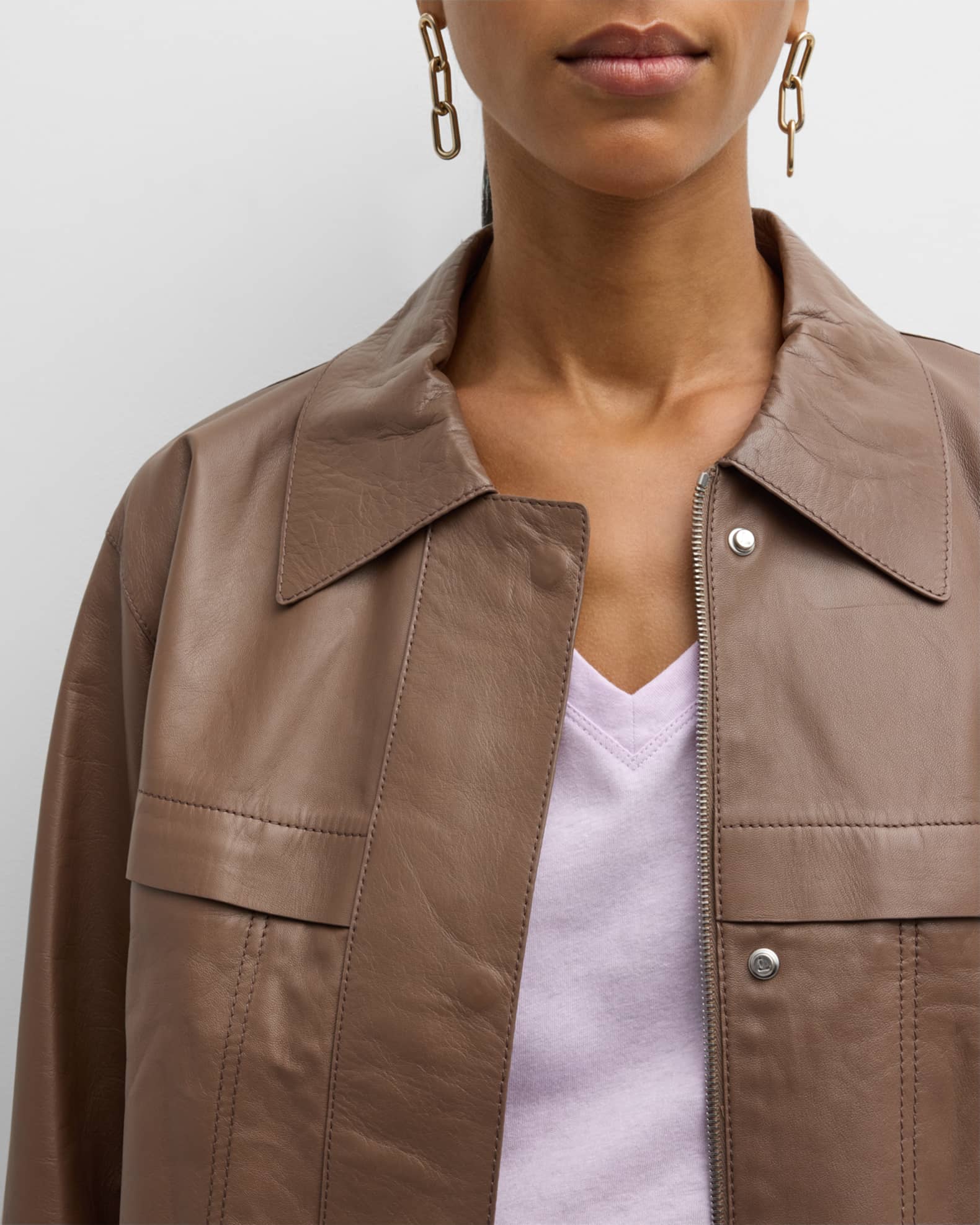 Lafayette 148 New York Zip-Front Leather Bomber Jacket | Neiman Marcus