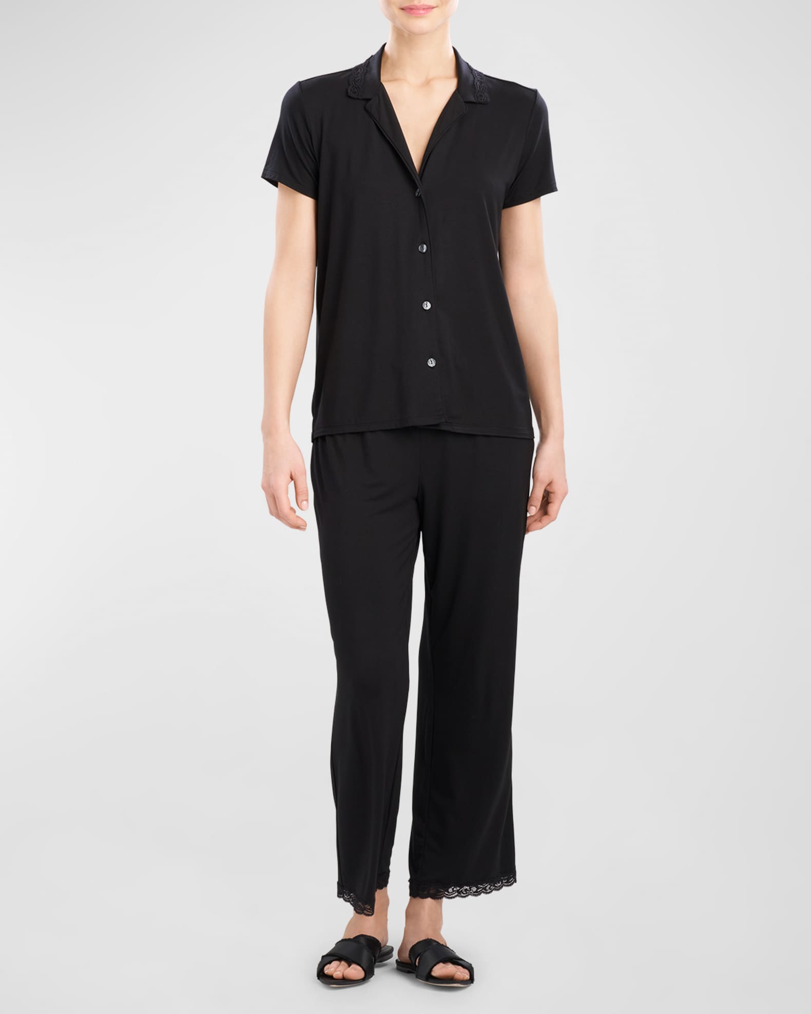 Natori Feathers Essentials Lace-Trim Jersey Pajama Set | Neiman Marcus