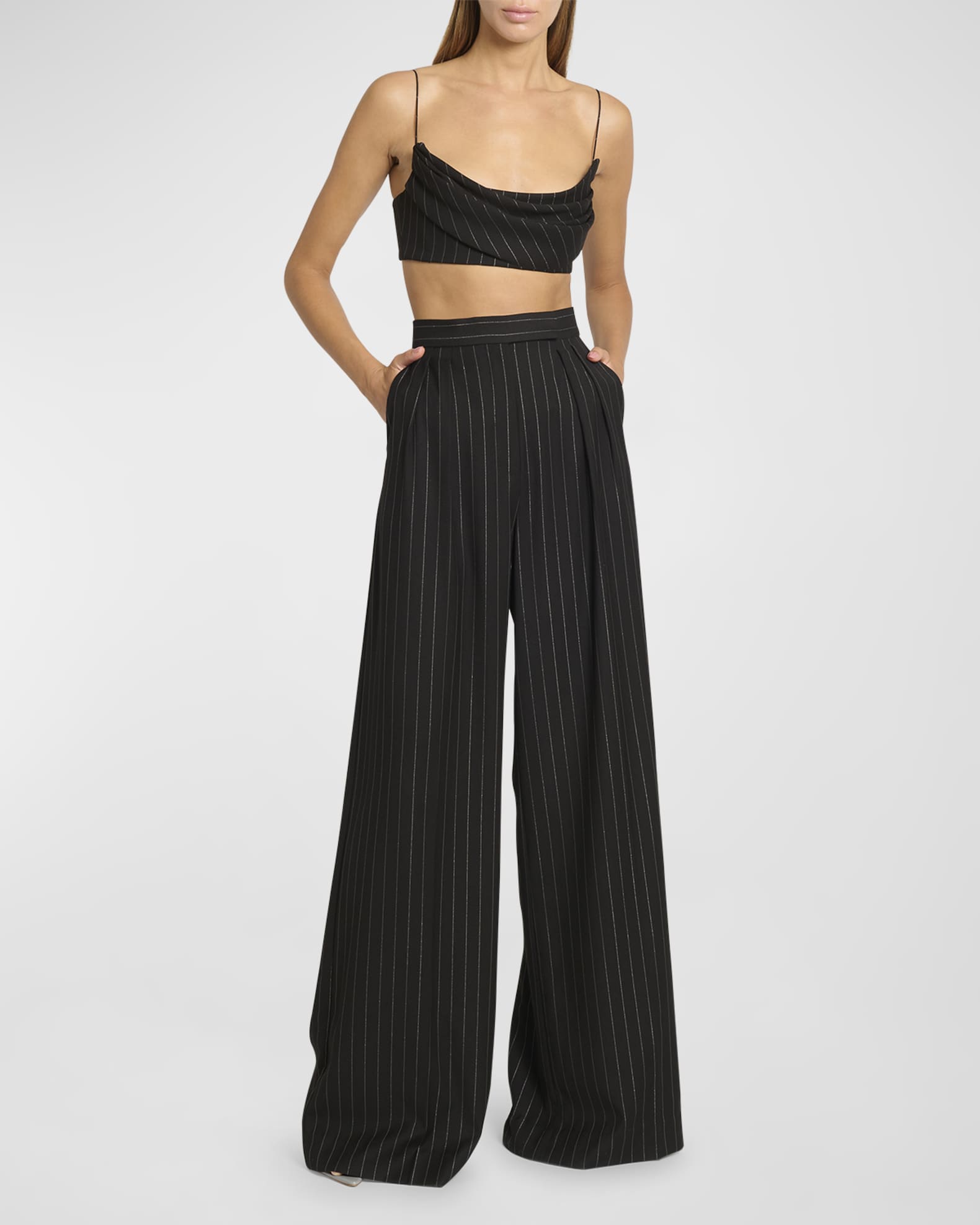 Alex Perry Metallic Pinstripe Drape Crop Tank Top | Neiman Marcus