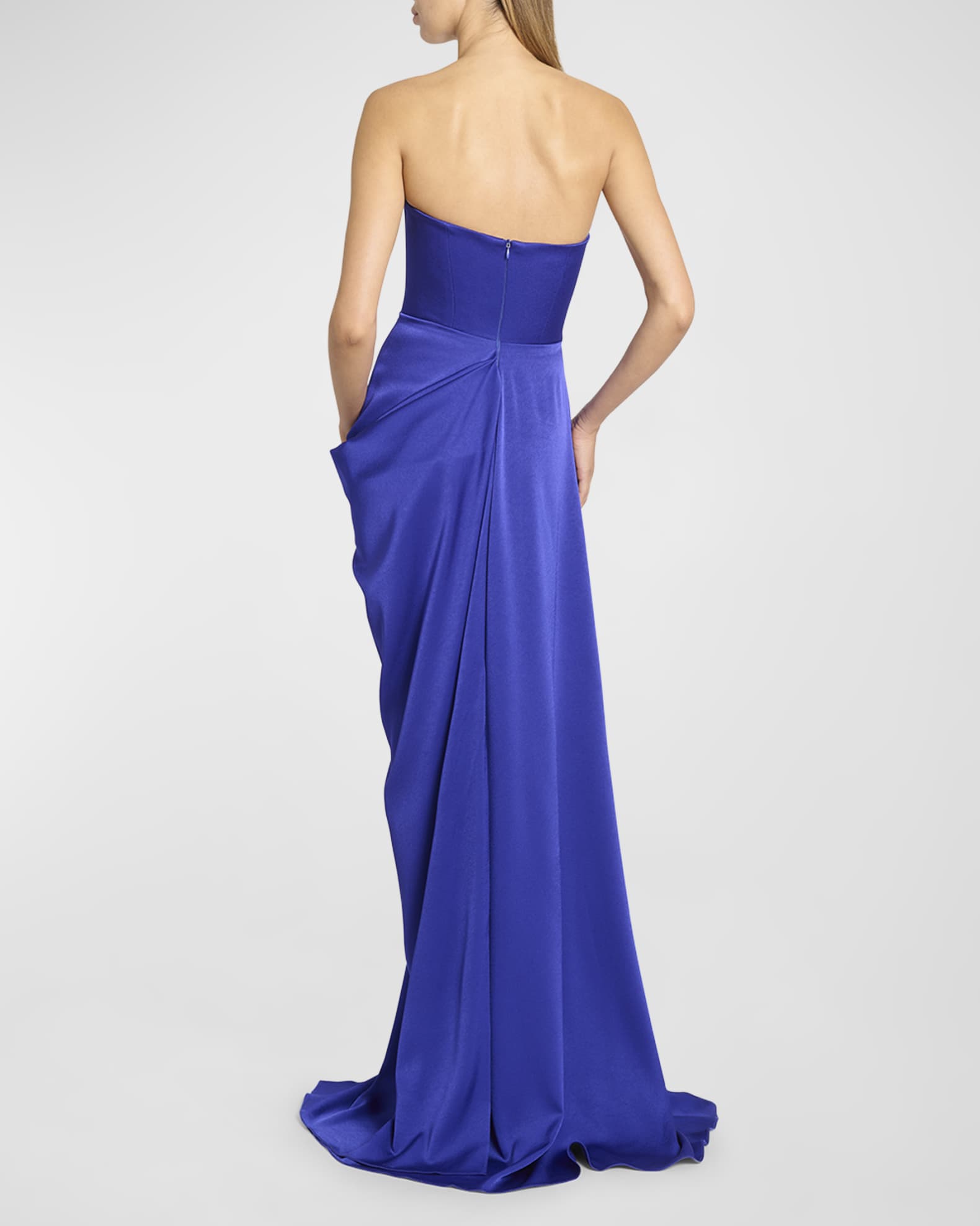 Alex Perry Curved Strapless Satin Crepe Drape Gown | Neiman Marcus