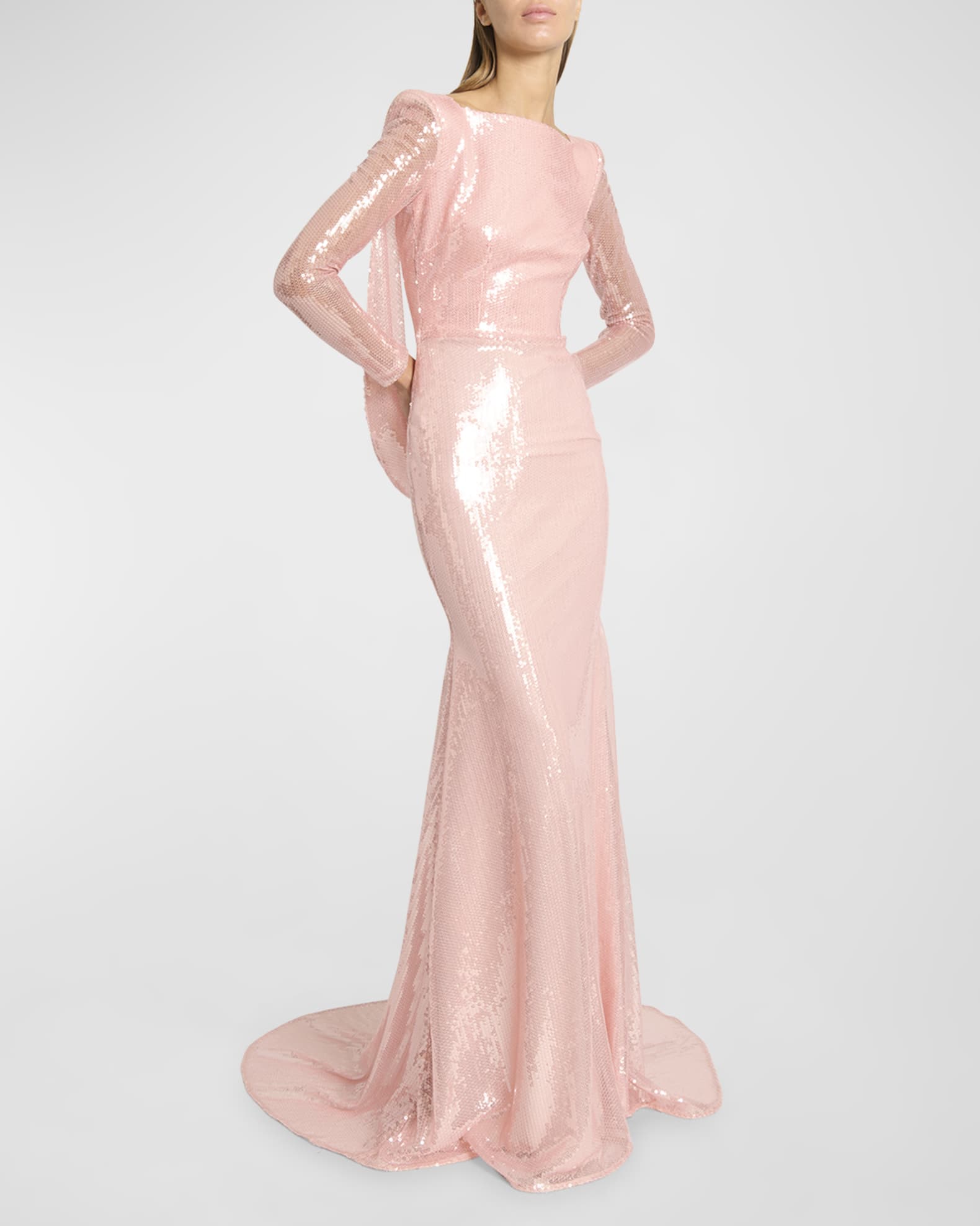 Alex Perry Sequin Long-Sleeve Strong-Shoulder Drape Trumpet Gown ...