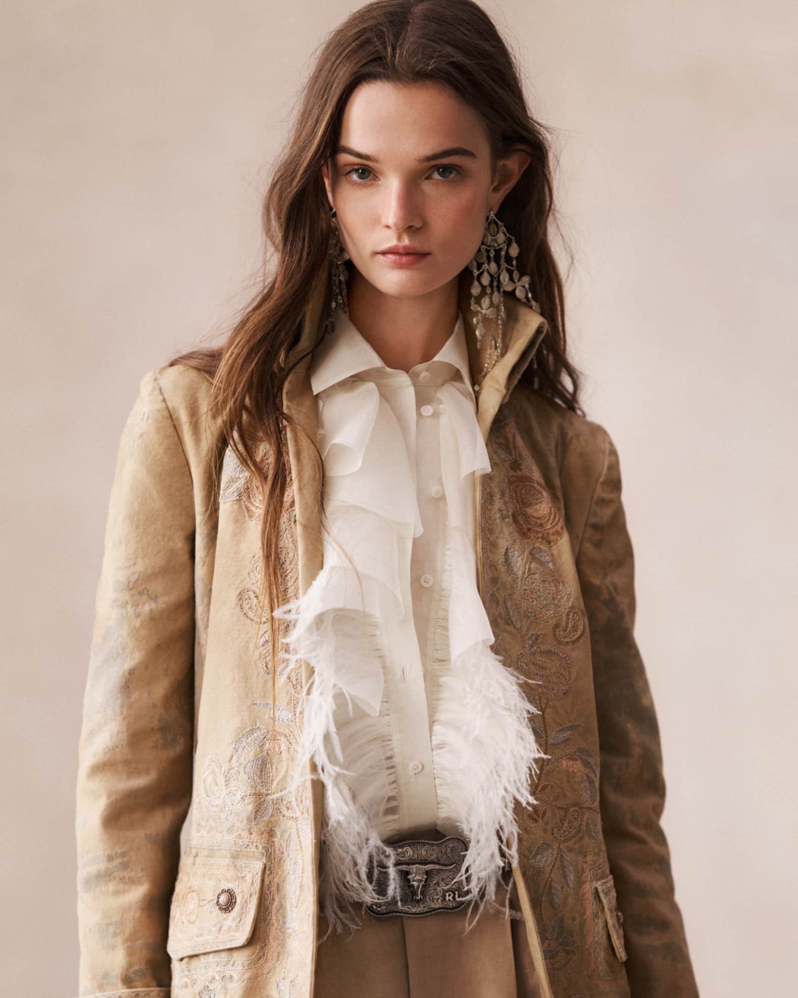 Ralph Lauren Collection Dylon Ruffle-Bib Feather-Trim Organza Collared ...