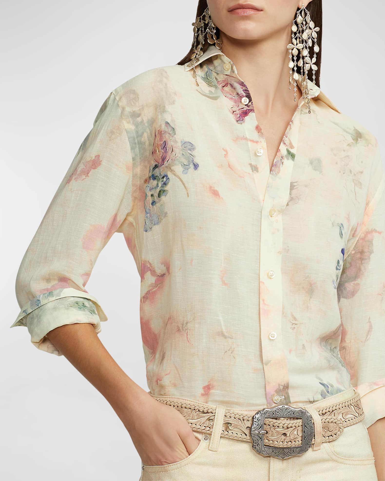 Ralph Lauren Collection Graison Wildflowers-Print Linen Voile Collared ...