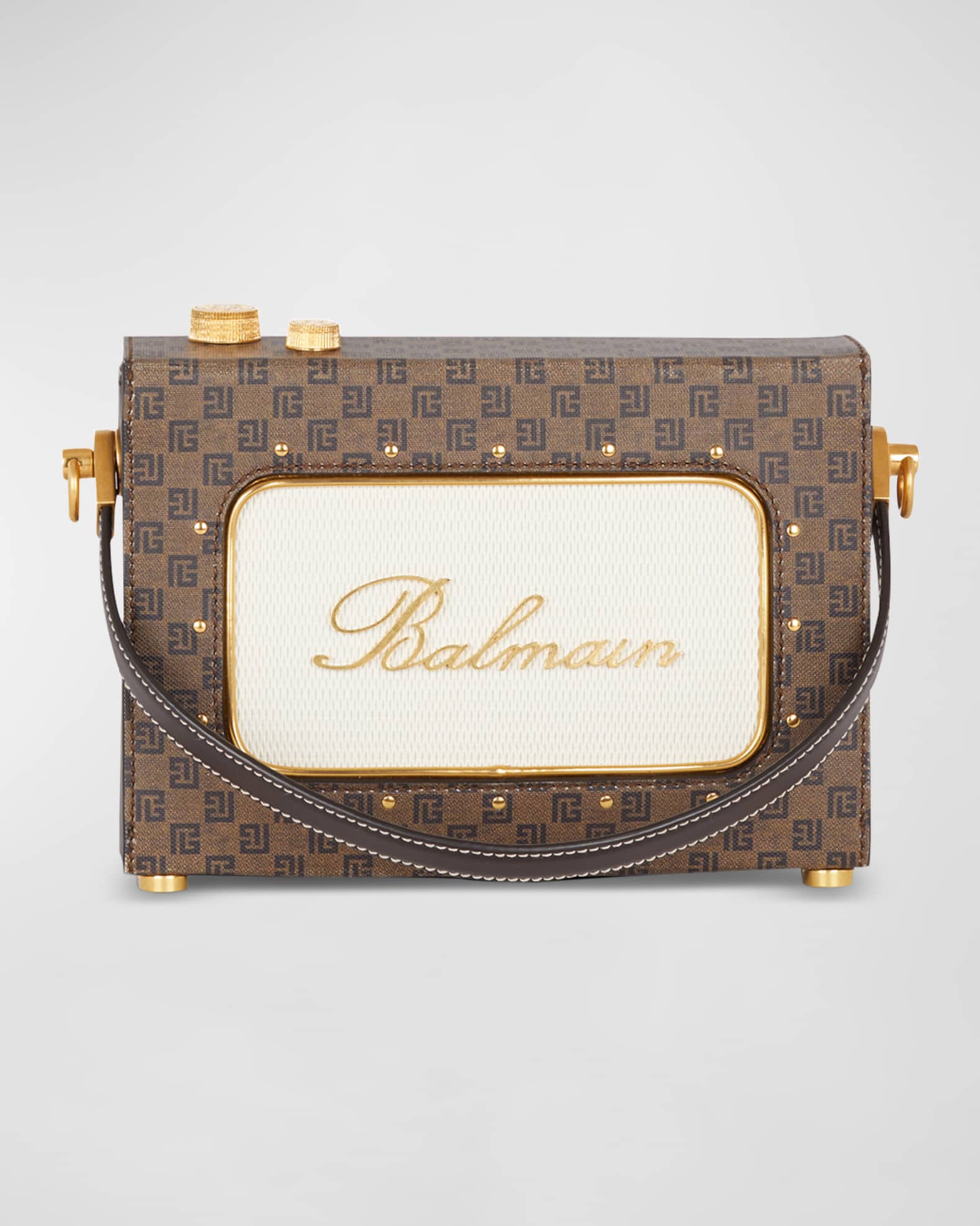 Balmain Radio Monogram Crossbody Bag in Waxed Canvas and Leather ...