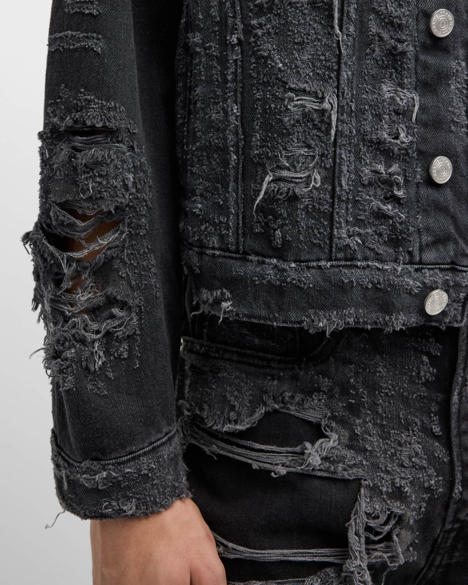 FRAME Men's Destroyed Denim Trucker Jacket | Neiman Marcus