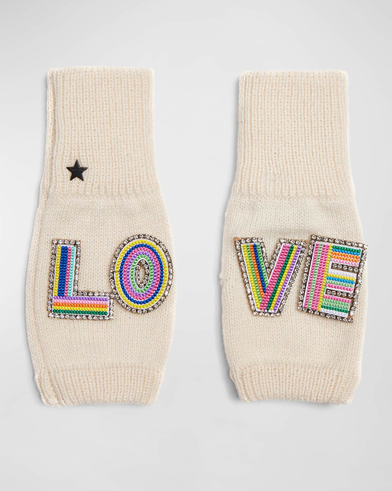 Jocelyn Embellished LOVE Knit Wool-Blend Fingerless Gloves | Neiman Marcus