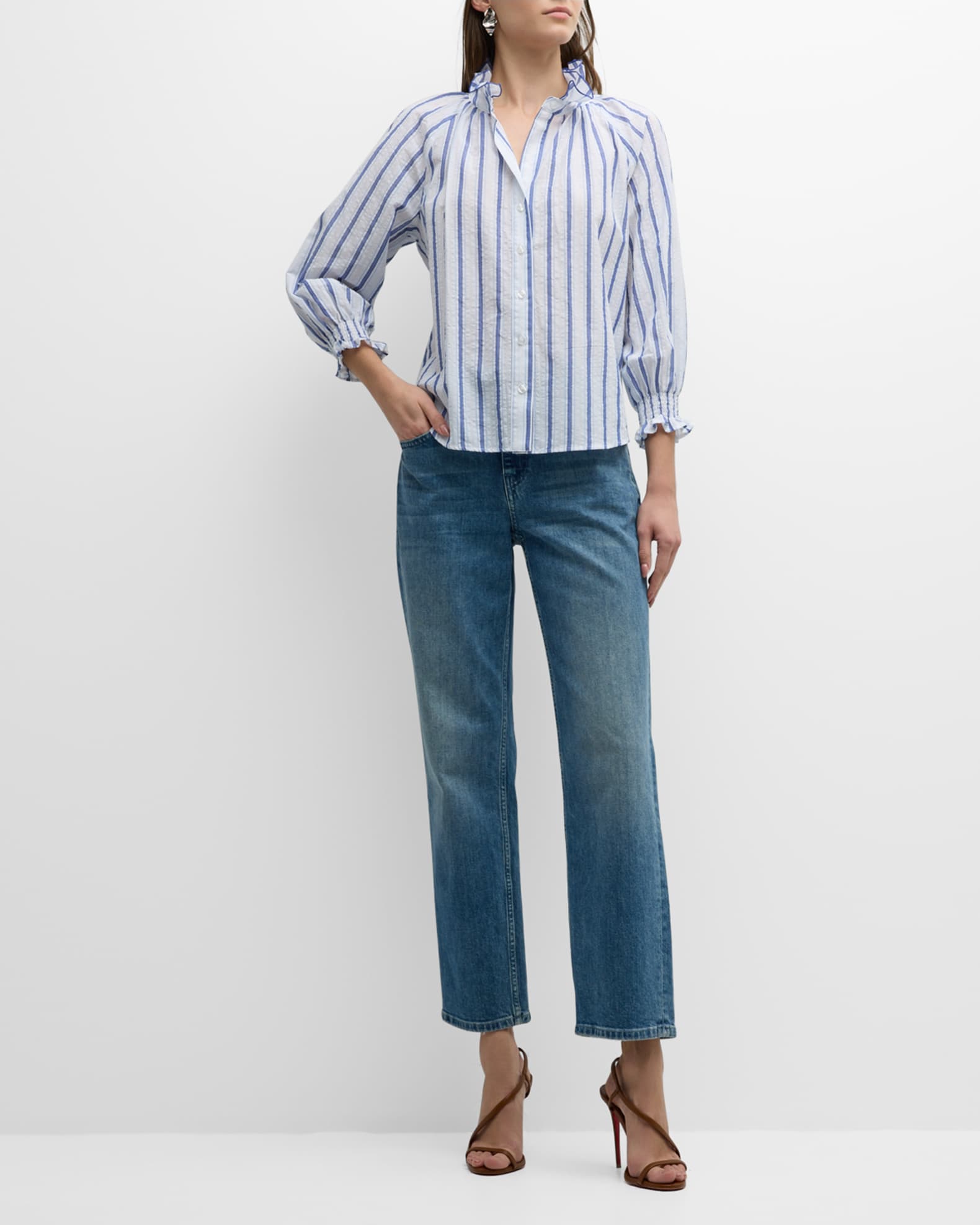 Finley Fiona Striped Ruffle-Trim Seersucker Shirt | Neiman Marcus