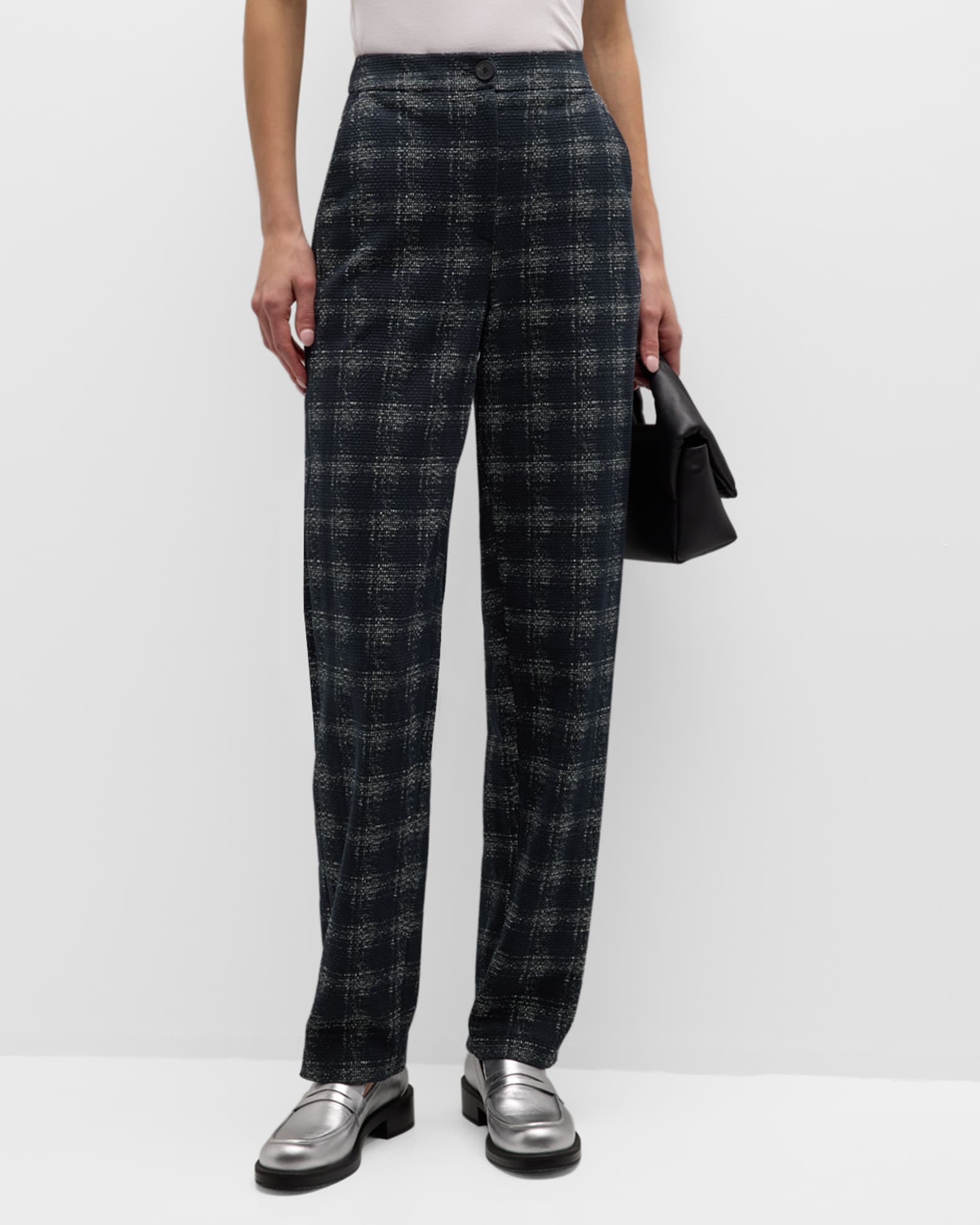 Emporio Armani High-Rise Check Jacquard Trousers | Neiman Marcus