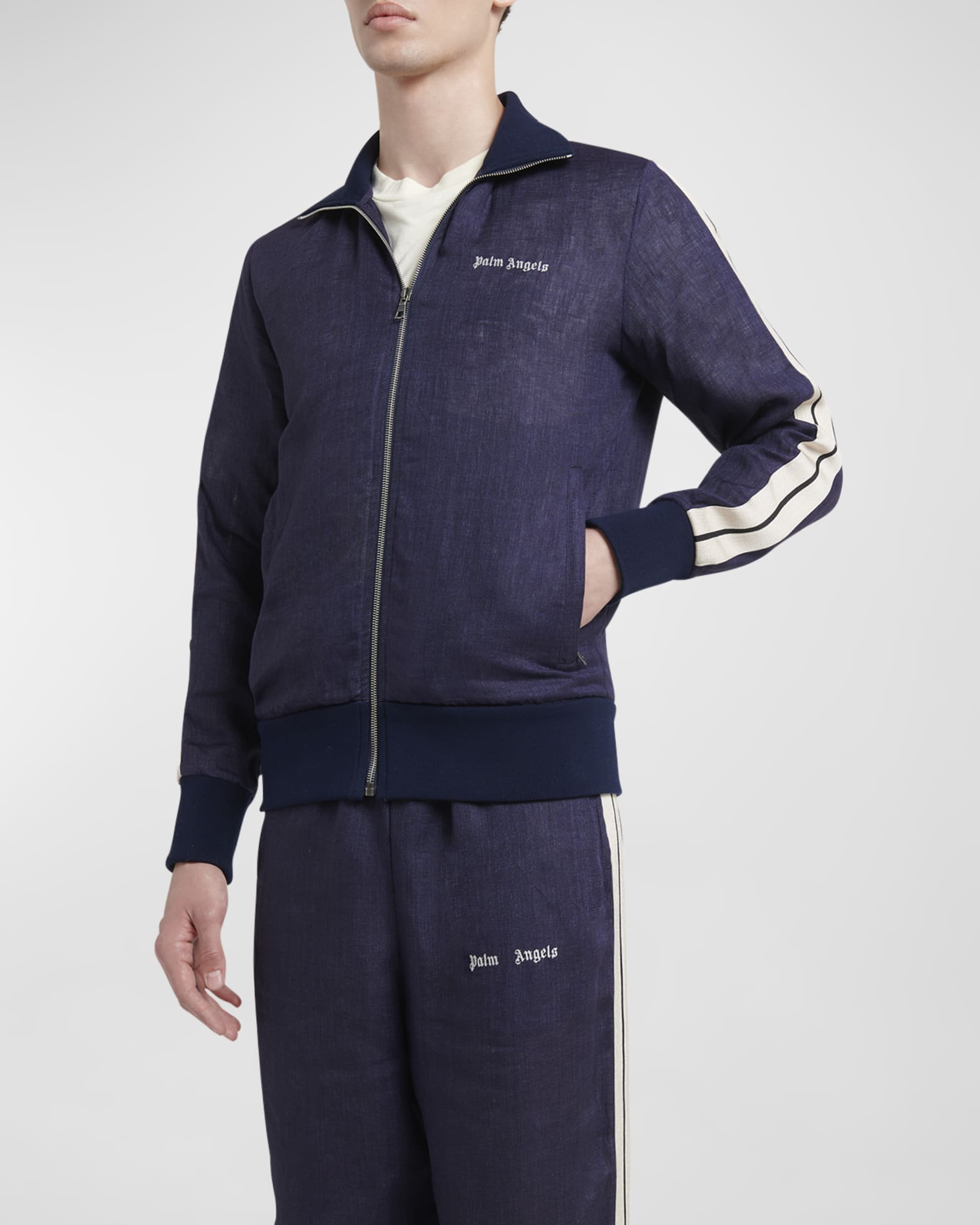 Palm Angels Men's Classic Logo Linen-Blend Track Jacket | Neiman Marcus