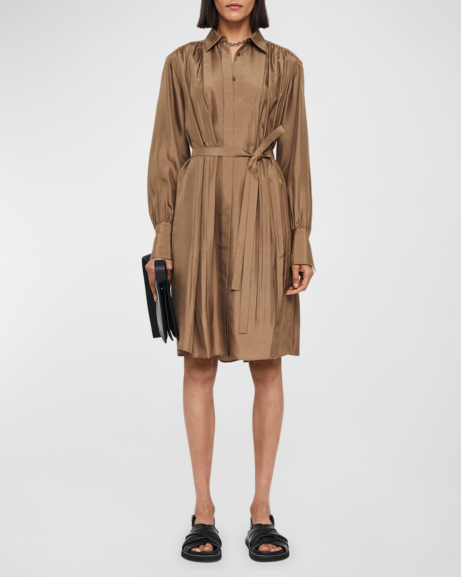 Joseph Danton Pleated Habotai Silk Midi Shirtdress | Neiman Marcus