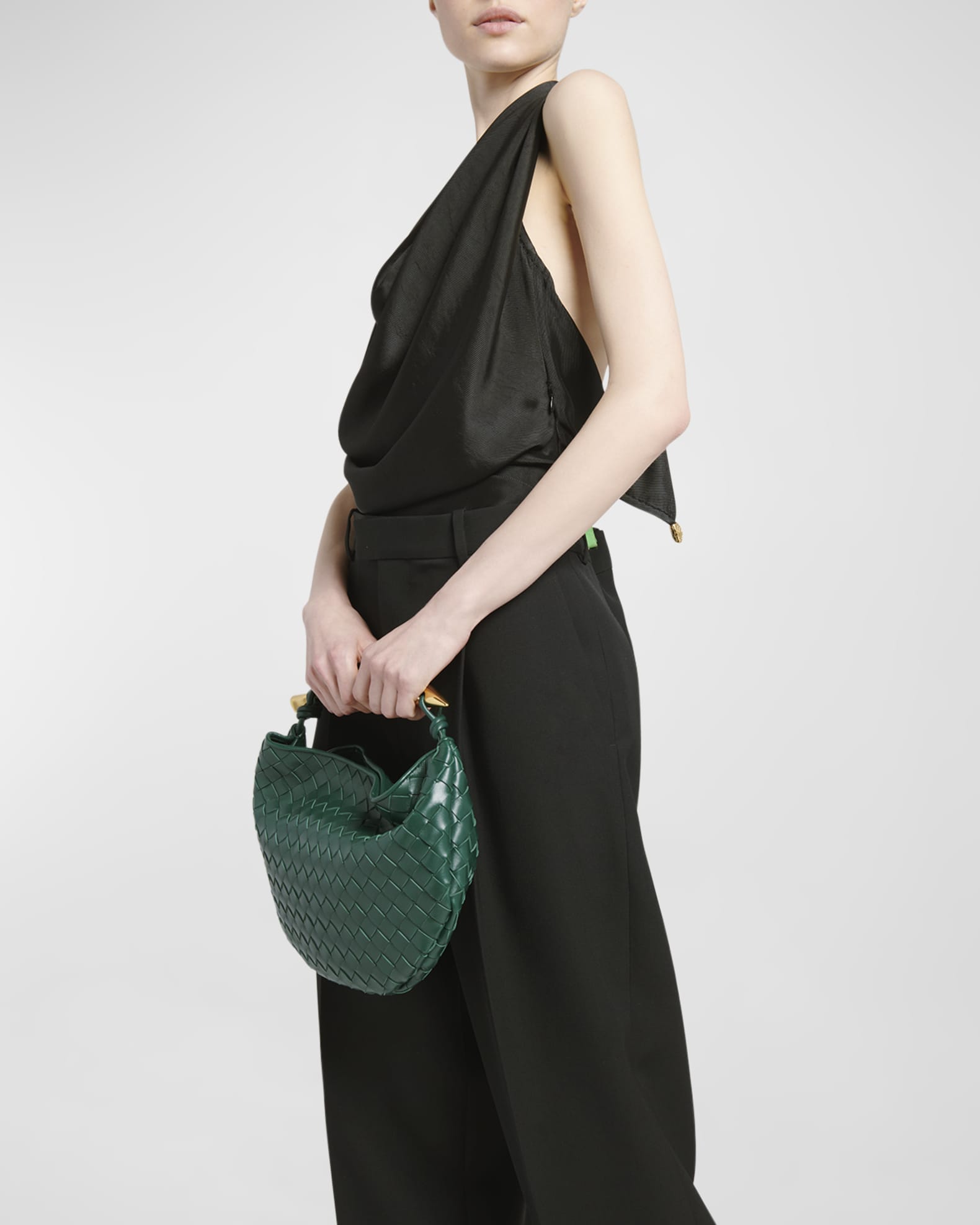 Bottega Veneta Draped Cowl-Neck Fluid Twill Halter Top | Neiman Marcus