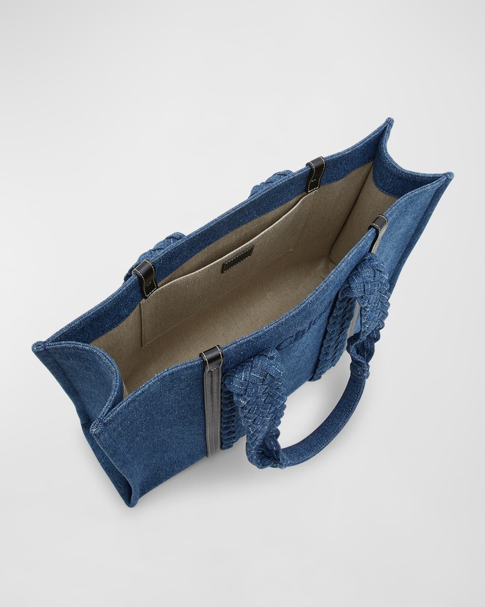 Chloe Woody Large Tote Bag in Denim with Braided Handles | Neiman Marcus