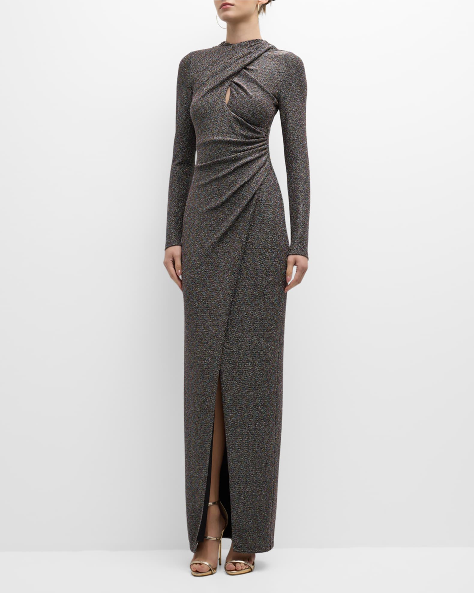 Black Halo Cece Pleated Cutout Shimmer Column Gown | Neiman Marcus