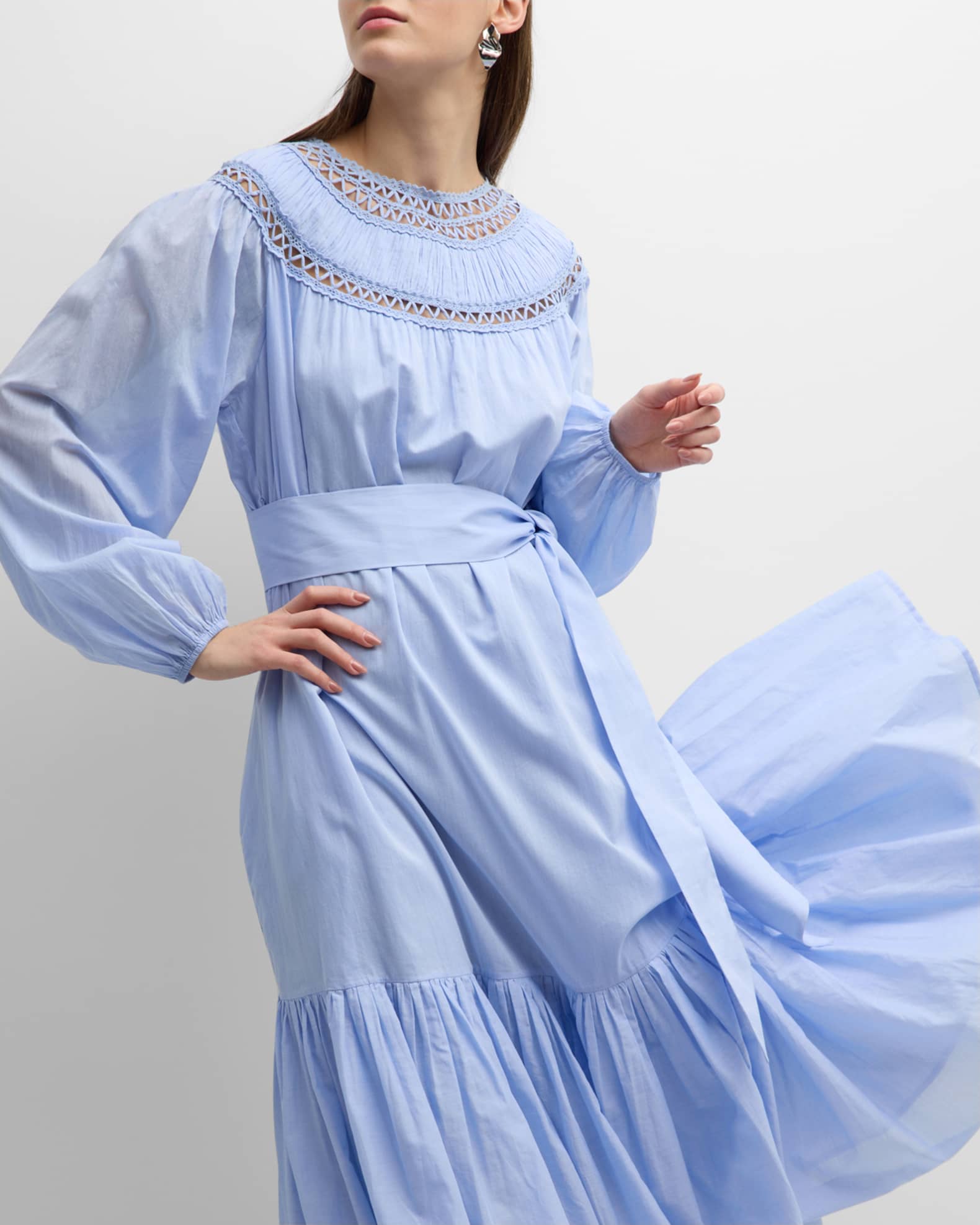 Merlette Verlaine Lace-Inset Cotton Voile Midi Dress | Neiman Marcus