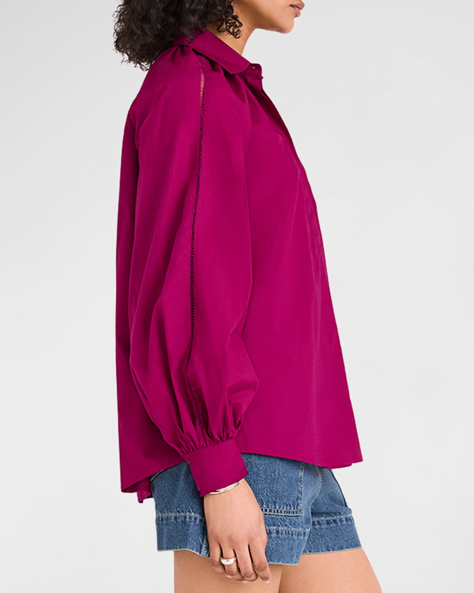 Merlette Tiana Ruched Lace-Inset Cotton Poplin Top | Neiman Marcus